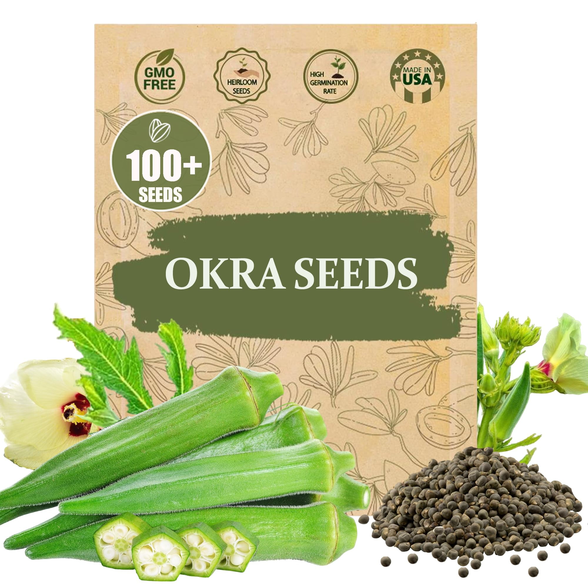 Premium Okra Seeds - 100 Heirloom BSL1 Seeds for Planting, Non-GMO, High Yield, Fast Growing ...