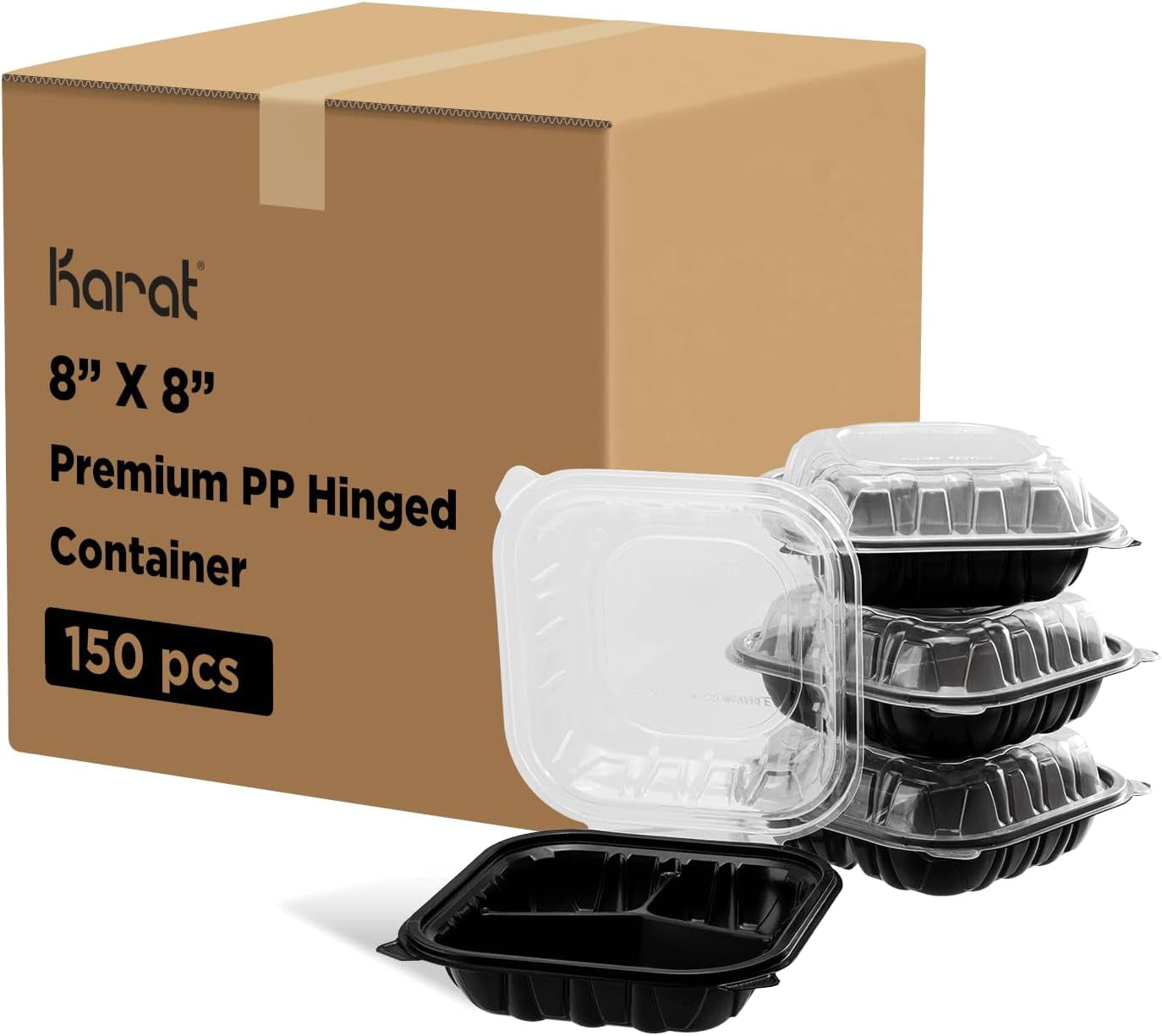 Premium PP Hinged Container, Take Out Food Containers - Case (8"x8", 3 ...