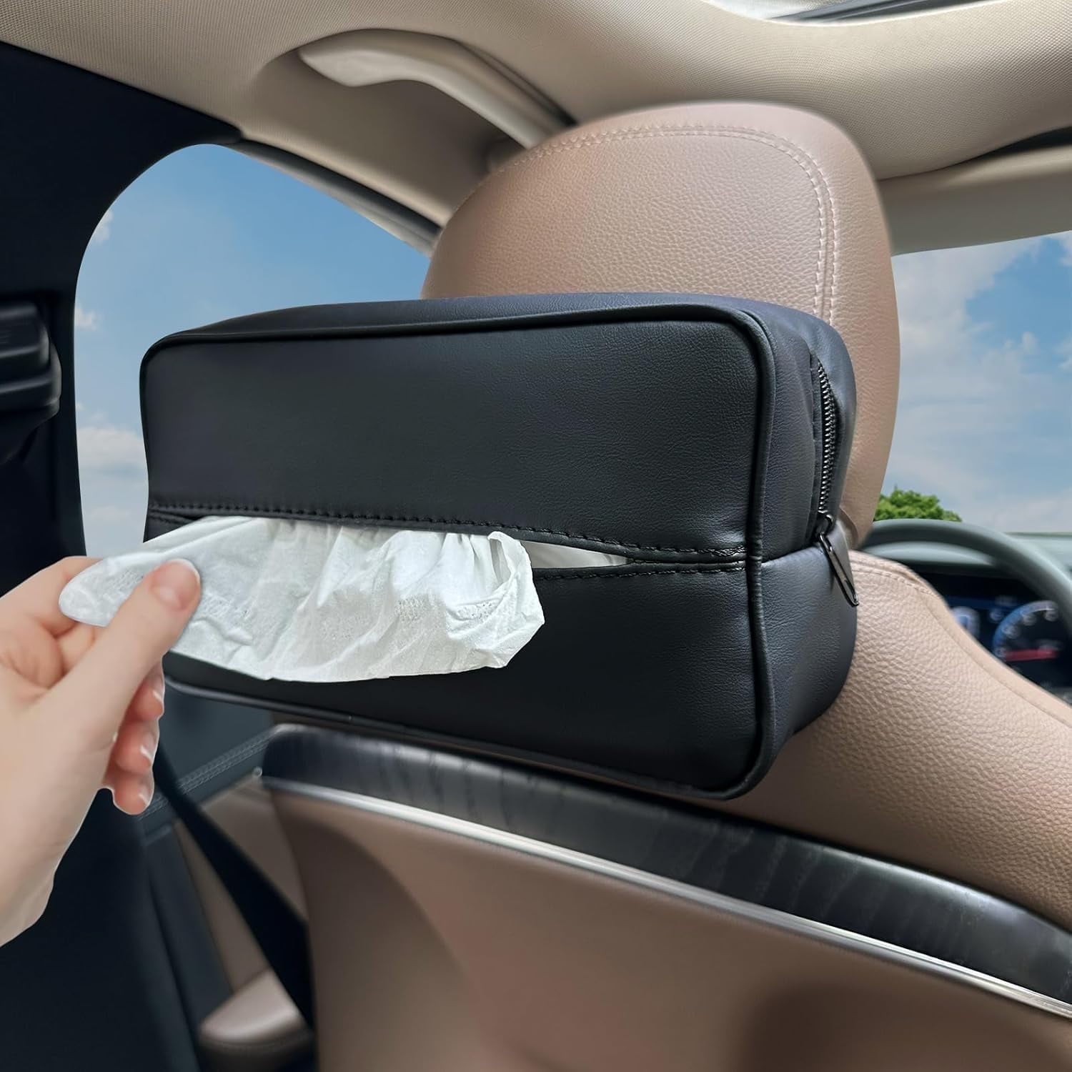 Premium PU Leather Car Backseat Tissue Box Holder - Rectangular Napkin ...