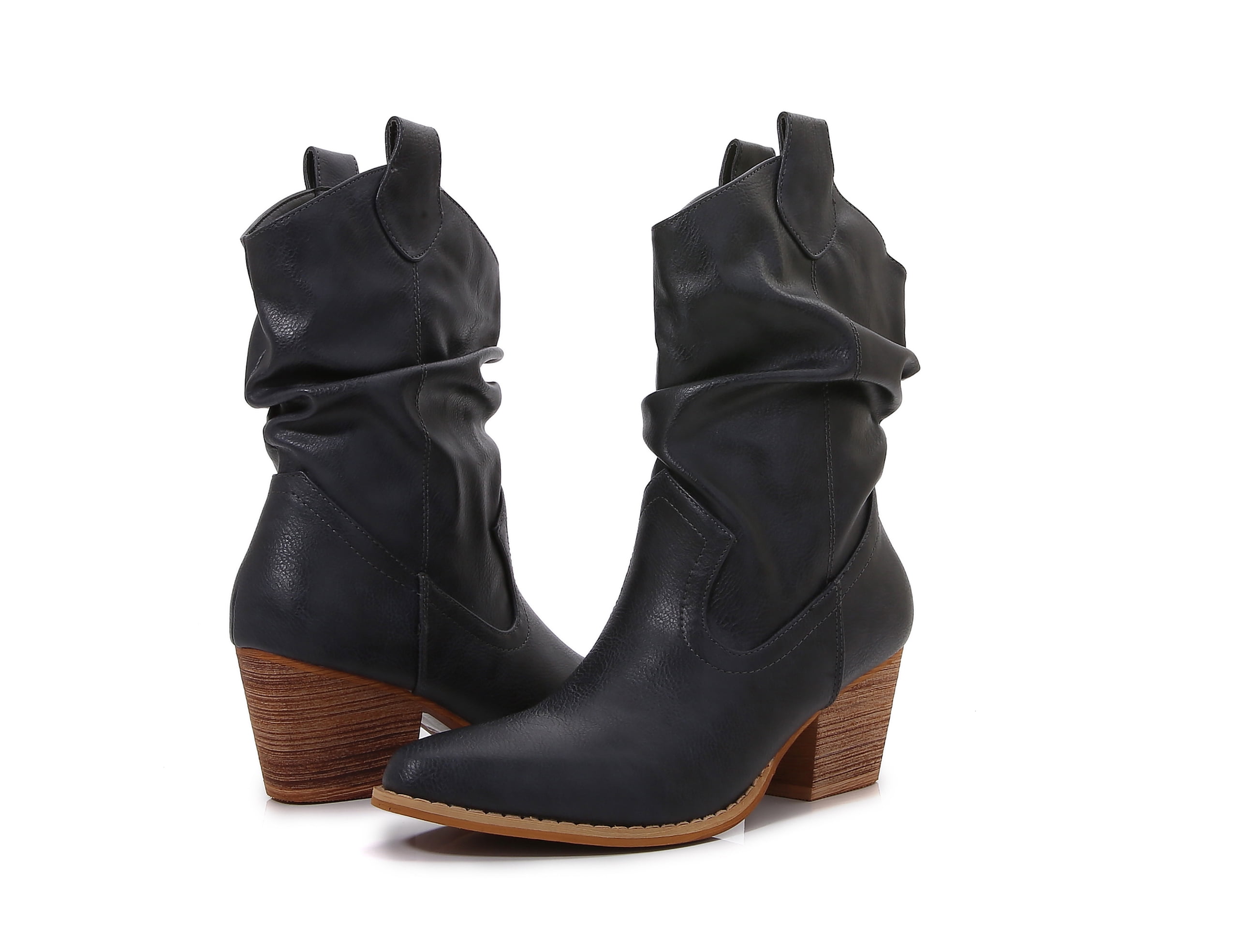 Pu Leather Chelsea Boots - Wooden Heel - Navy Boots (Size 9) - Walmart.com