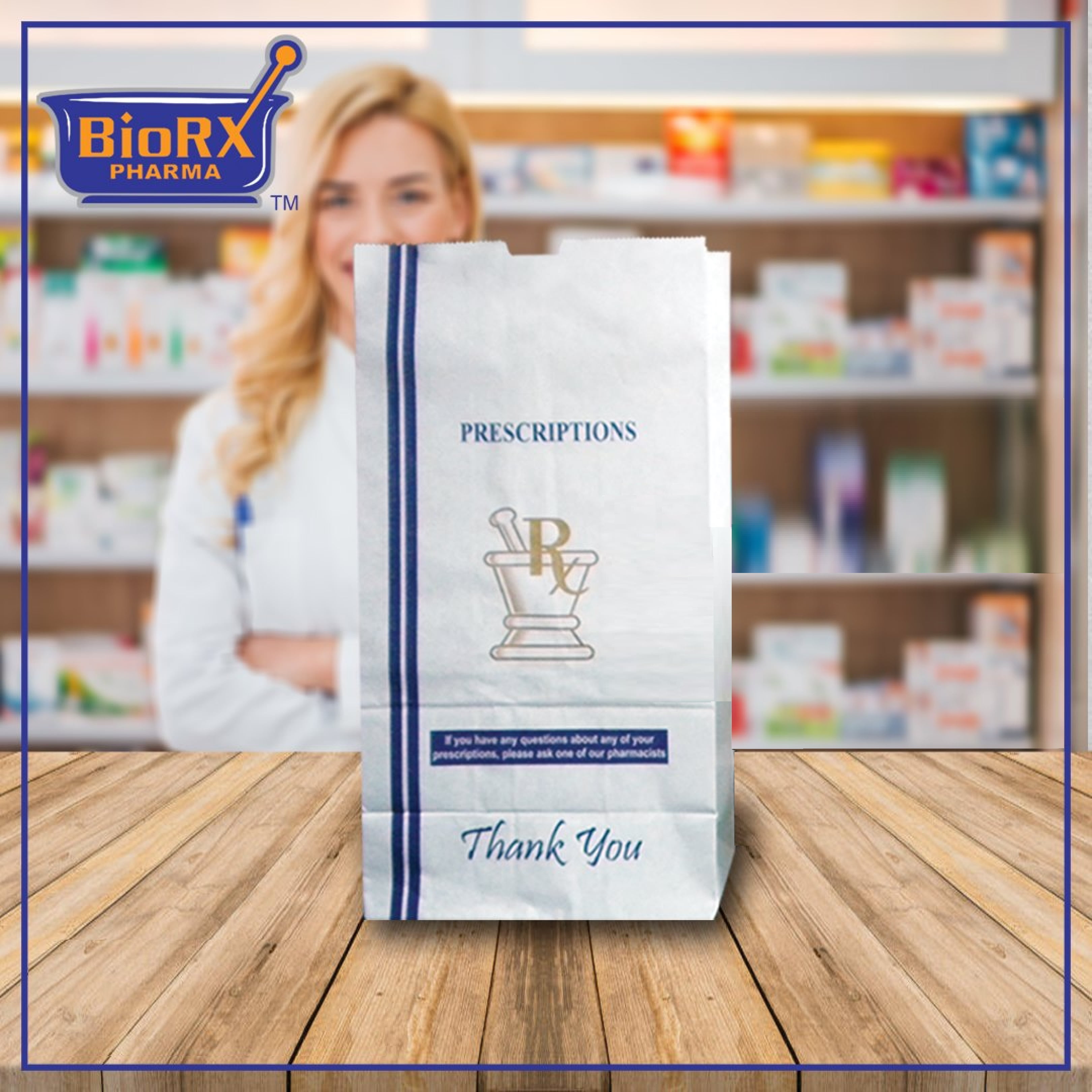 Premium Pharmacy Paper Bags - 5" X 2" X 10" - Thank You Printed in Blue ...
