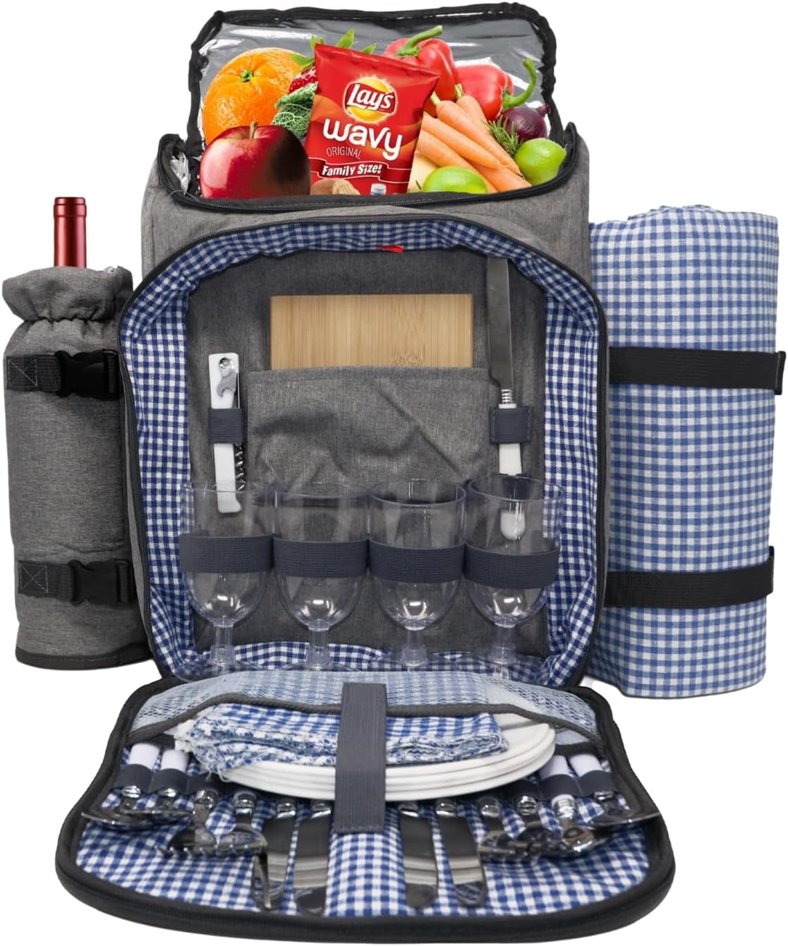 Premium Picnic Basket Backpack for 4: Insulated Bag with Plaid Blanket ...