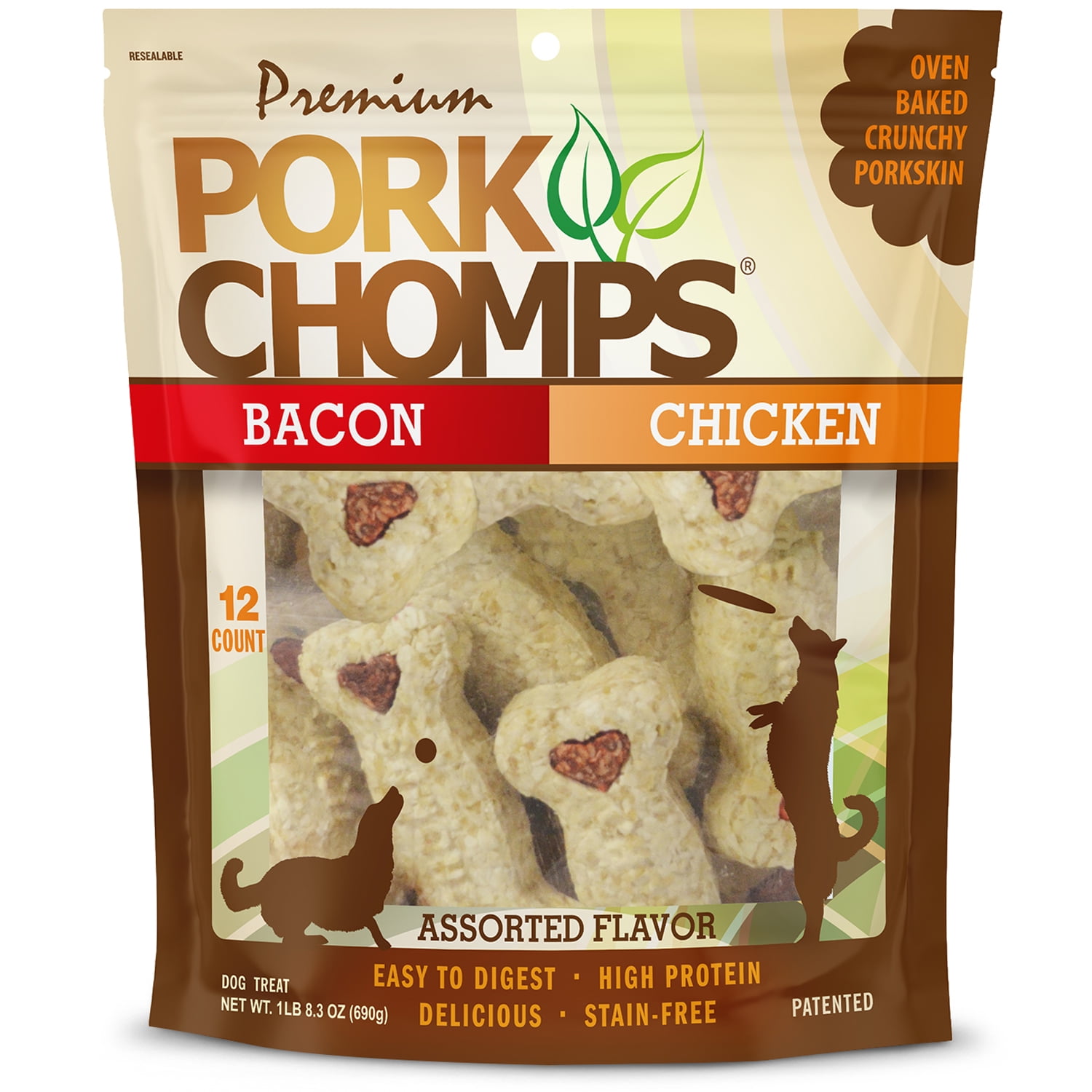 Pork Chomps Premium Dog Treats, Crunchy, Bacon and Chicken Flavor, 4 in ...
