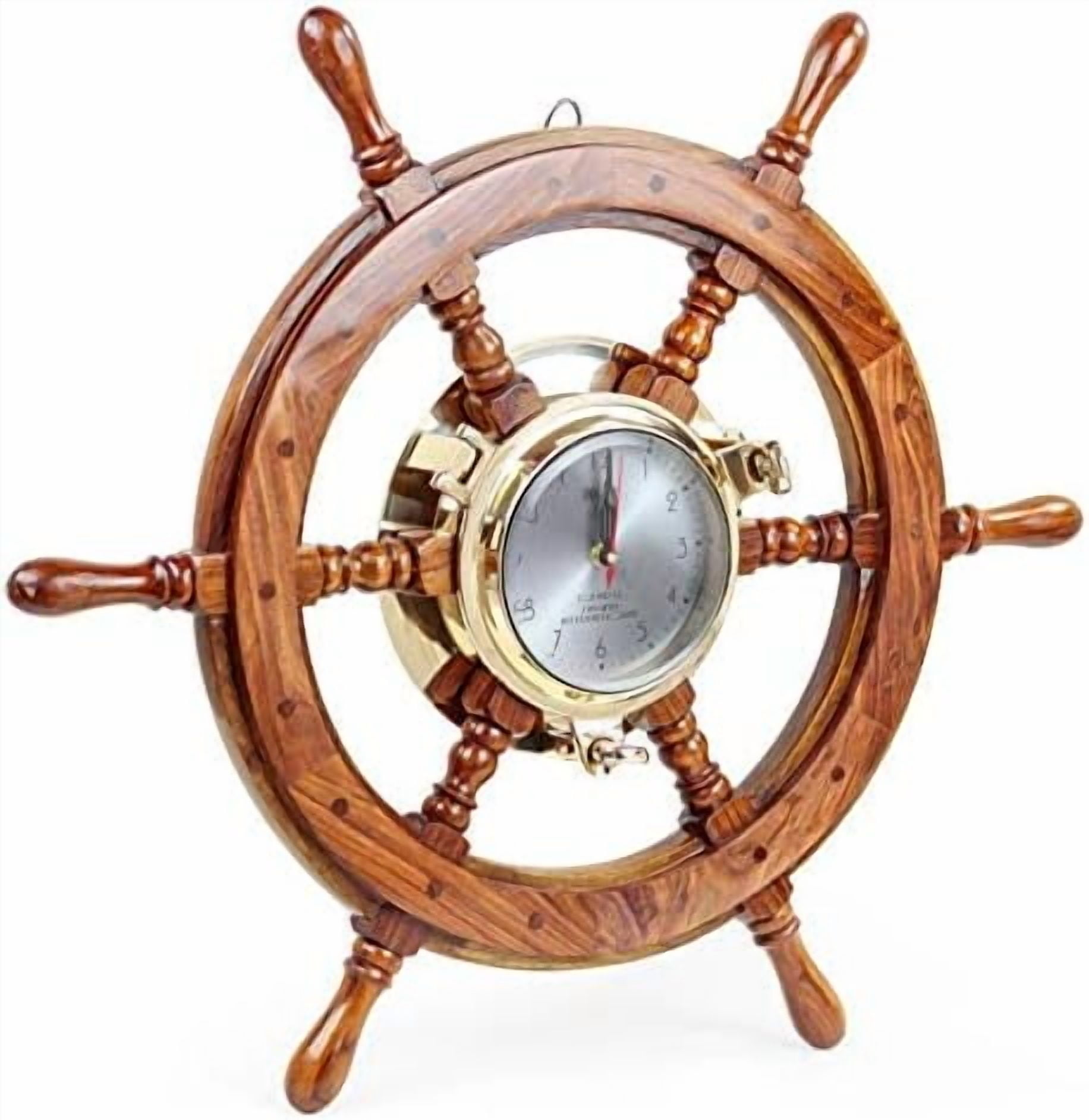 Premium Porthole Clock Ship Wheel with Solid Teak Finish - Captain ...