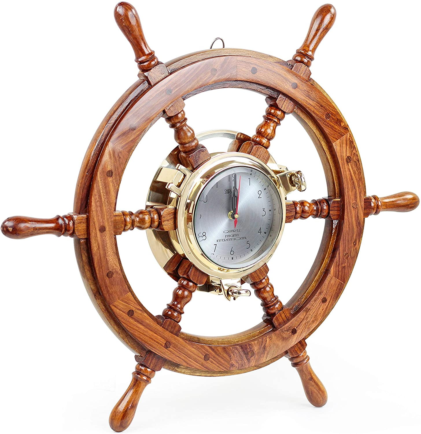 Premium Porthole Clock Ship Wheel with Solid Teak Finish - Captain ...