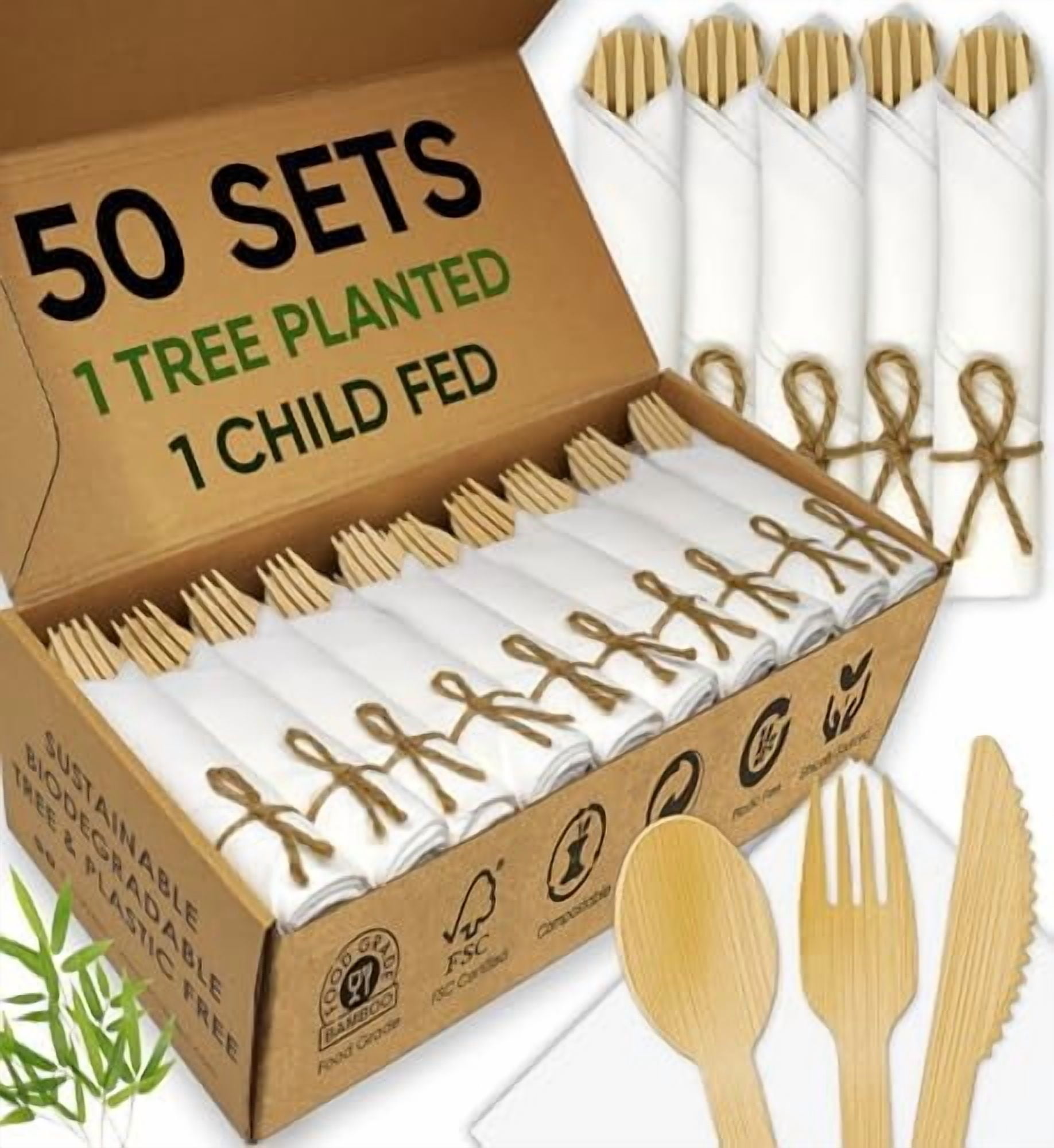 Premium Pre-Rolled Napkin and Bamboo Cutlery Set (50 Pack, 200 PCS) 100 ...