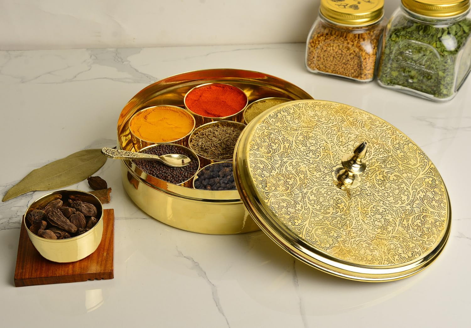 Premium Pure Brass Floral Etched Indian Spice Box For Kitchen With ...