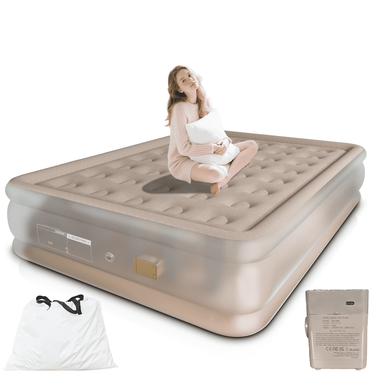 Top Flocking Full Air Mattress, 16"Inflatable Bed with USB-C Built-In ...
