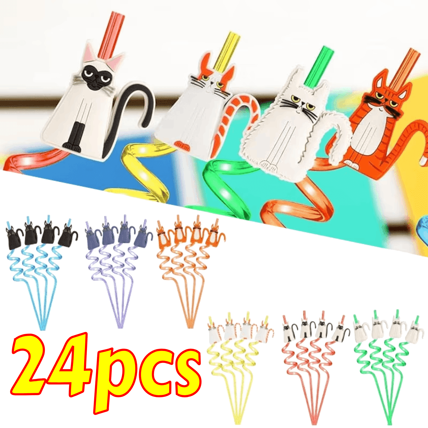 Premium Reusable Plastic Straws 24-Pack, Cat Design Drinking Straws for ...