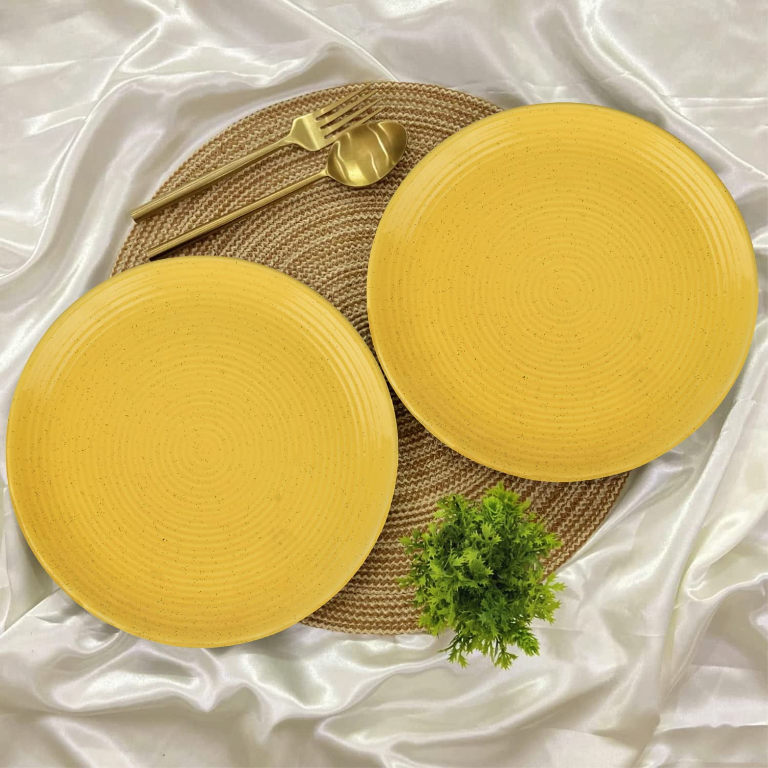 Premium Ribbed Ceramic Dinner Serving Plates Set Of 2 - Yellow ...