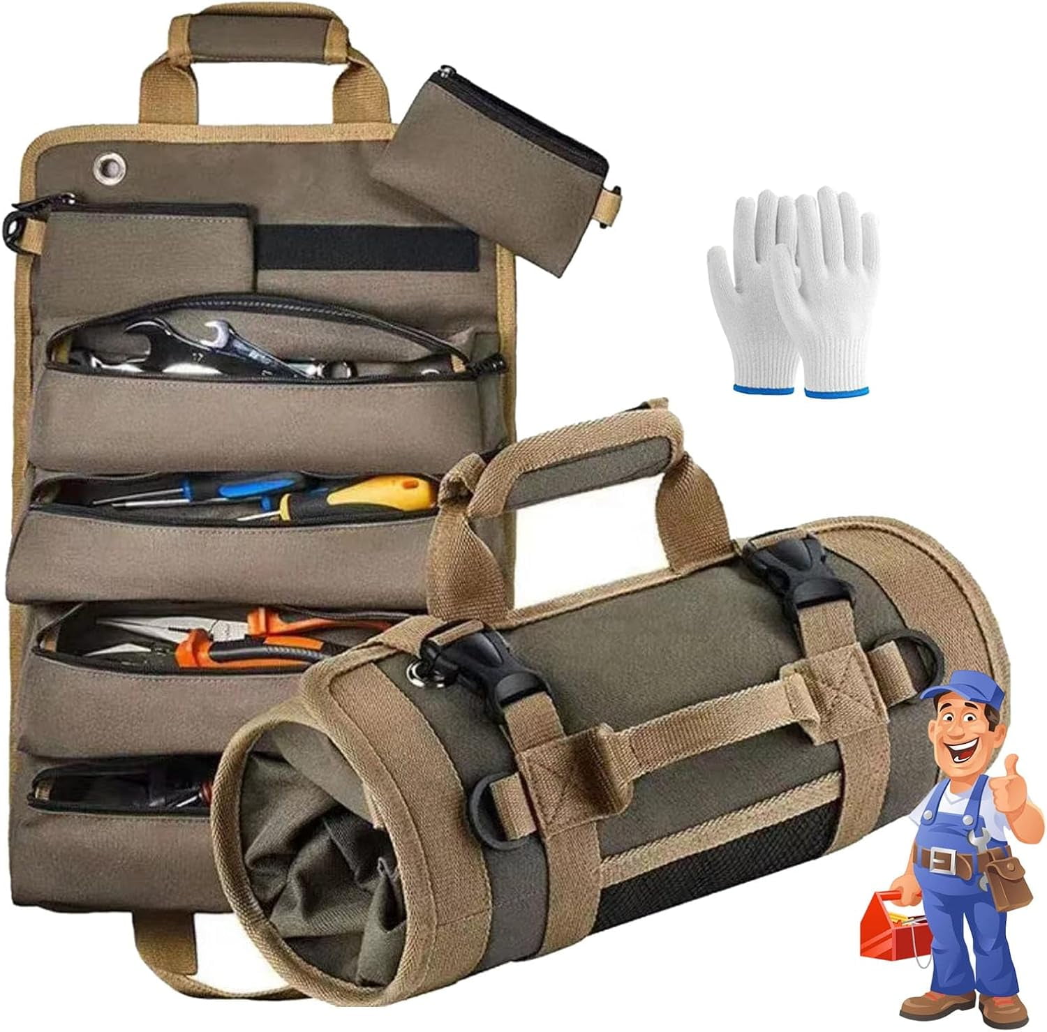 Premium Roll Up Tool Bag - with 6 Zipper Pouches, Portable Heavy Duty ...