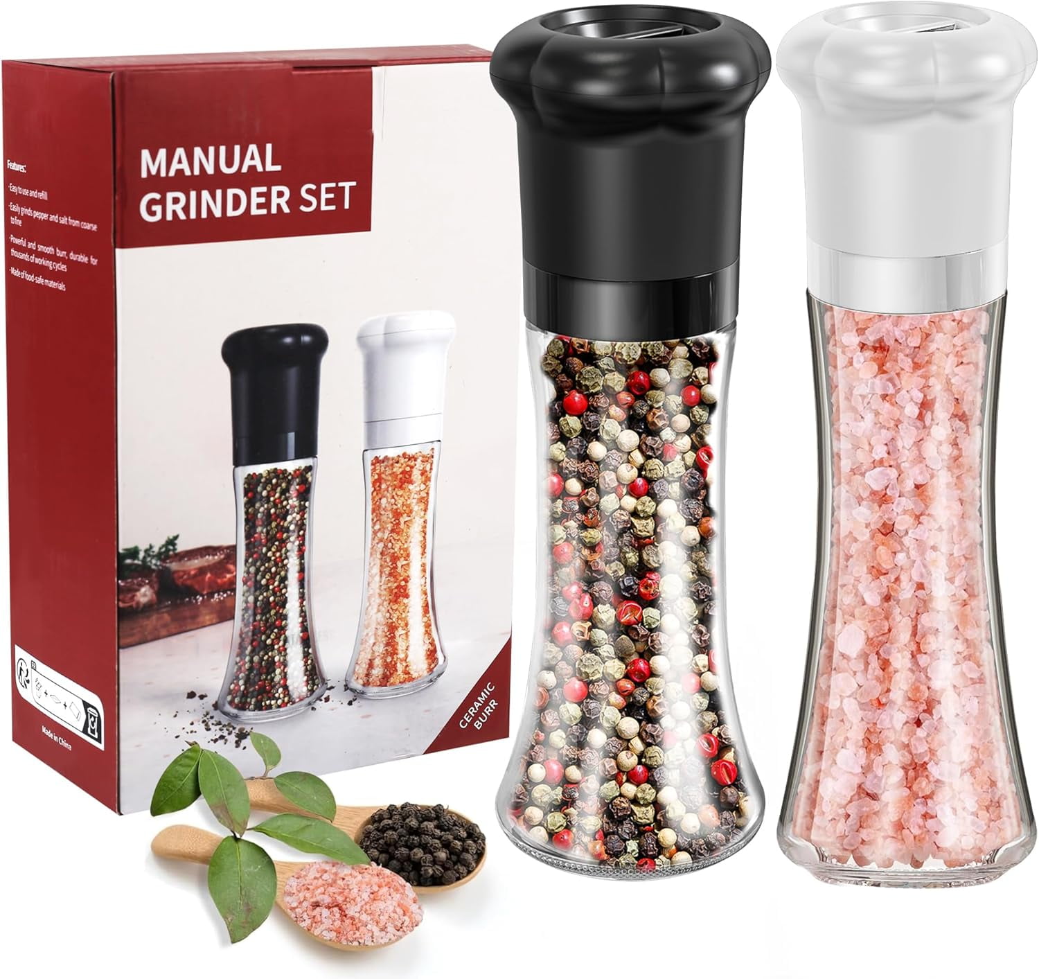 Premium Salt and Pepper Grinder Set - Adjustable Coarseness, Refillable ...