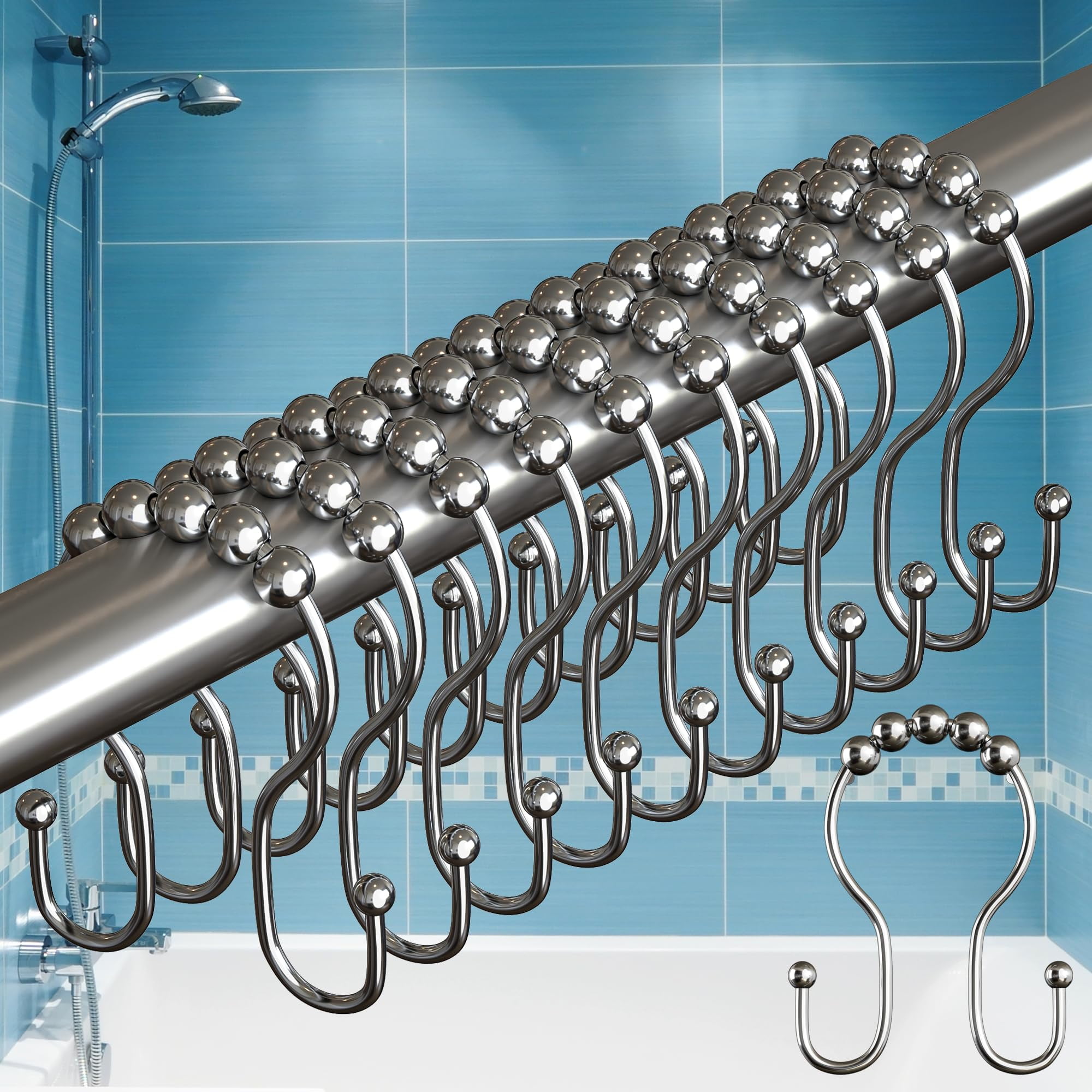 Premium Shower Curtain Rings, Stainless Steel 12 Hooks Nickel Silver ...