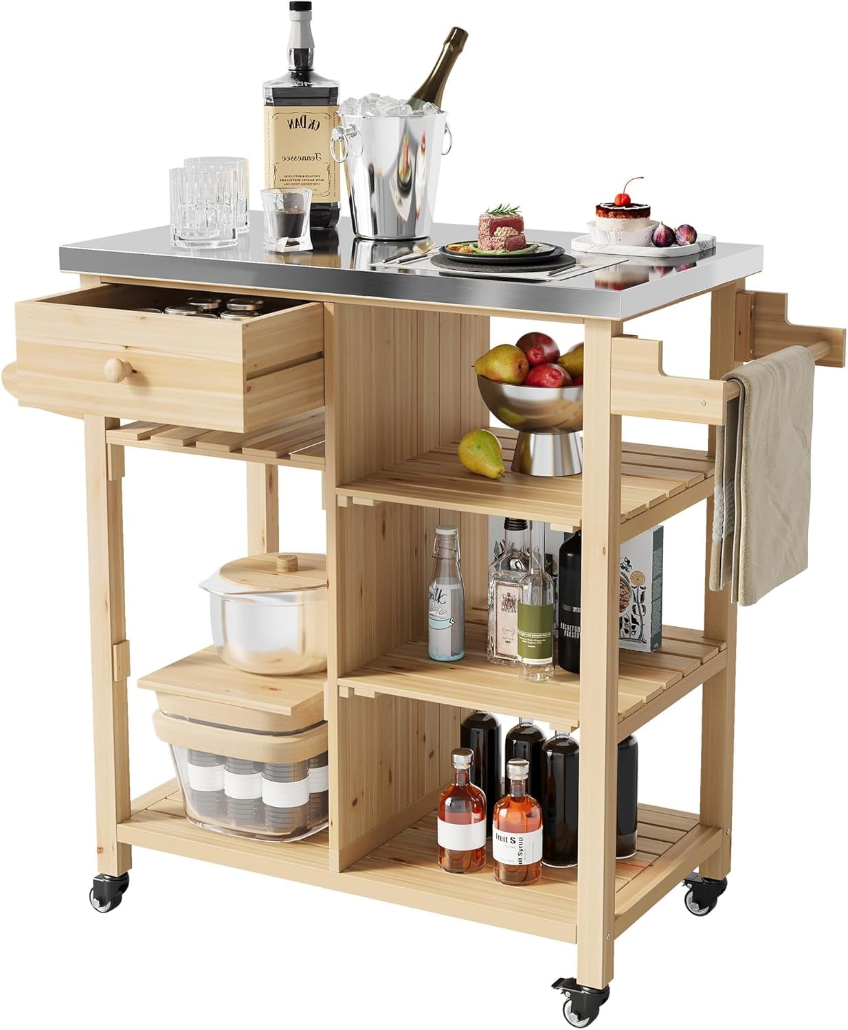 Premium Stainless Steel Grill Cart with Wheels, Solid Wood BBQ Prep ...