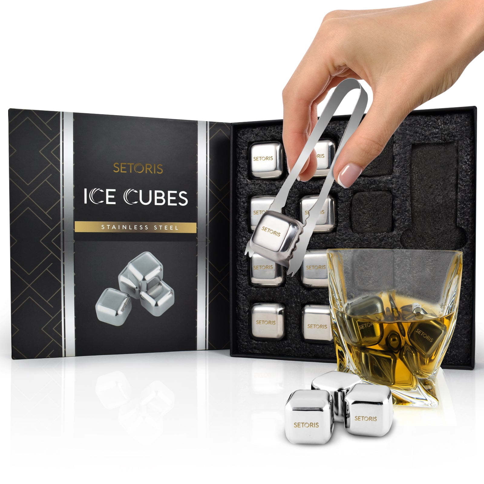 Premium Stainless Steel Ice Cubes With Tongs [12-Pack] By Setoris ...