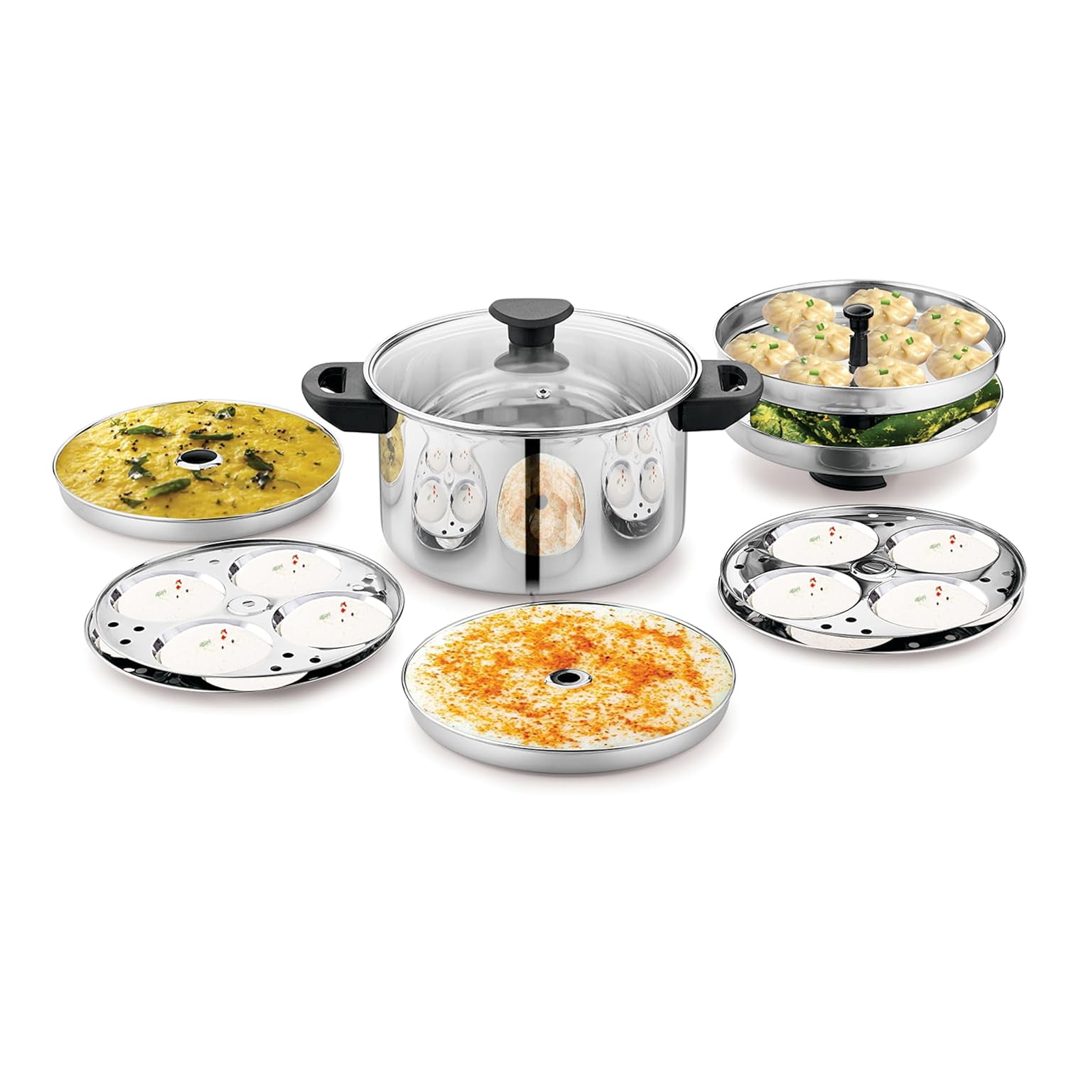 Premium Stainless Steel Idli Cooker & Steamer With Glass Lid & Handles ...