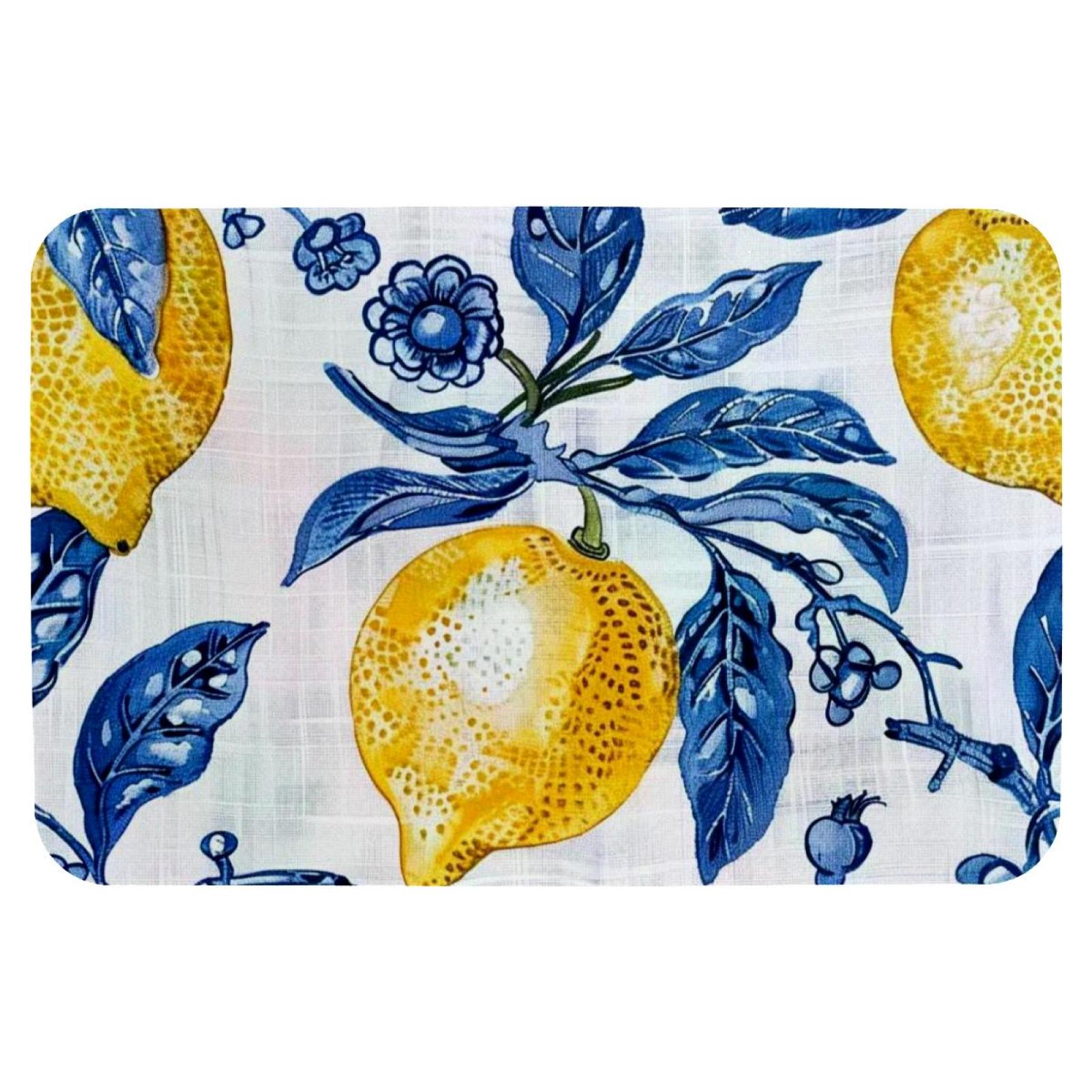 Premium Tech Cloth Rounded Corner Floor Mat - Lemon Blue Leaves Anti ...