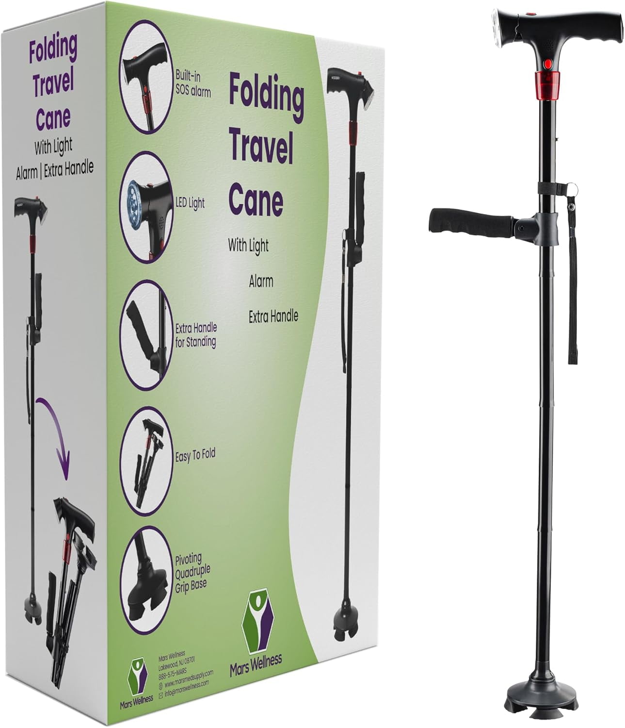 Premium Travel Lightweight Folding Walking Cane with LED Flashlight ...