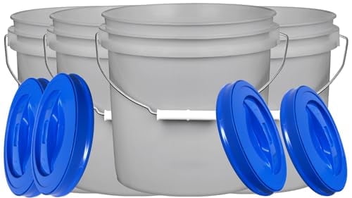 Premium 2 Gallon Grey Plastic Buckets with Blue Screw-On Lids (Pack of ...