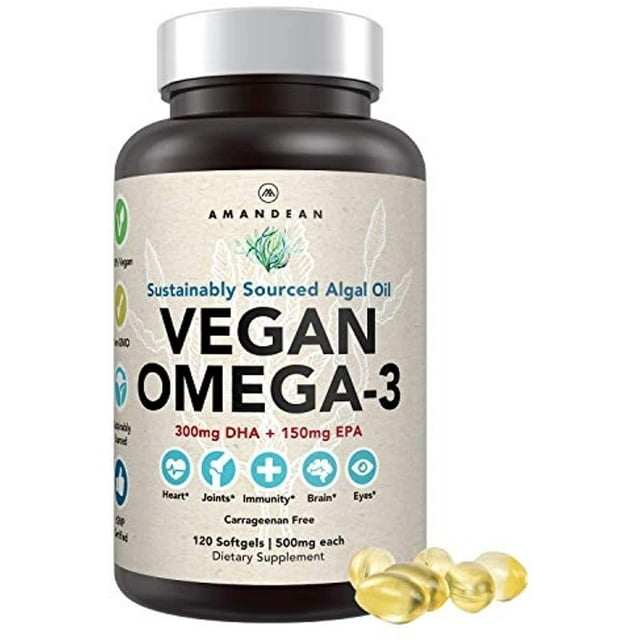 Amandean Vegan Omega-3 120 Capsules, Pure Organic Heart & Brain Boosting Algal Oil Supplement ...