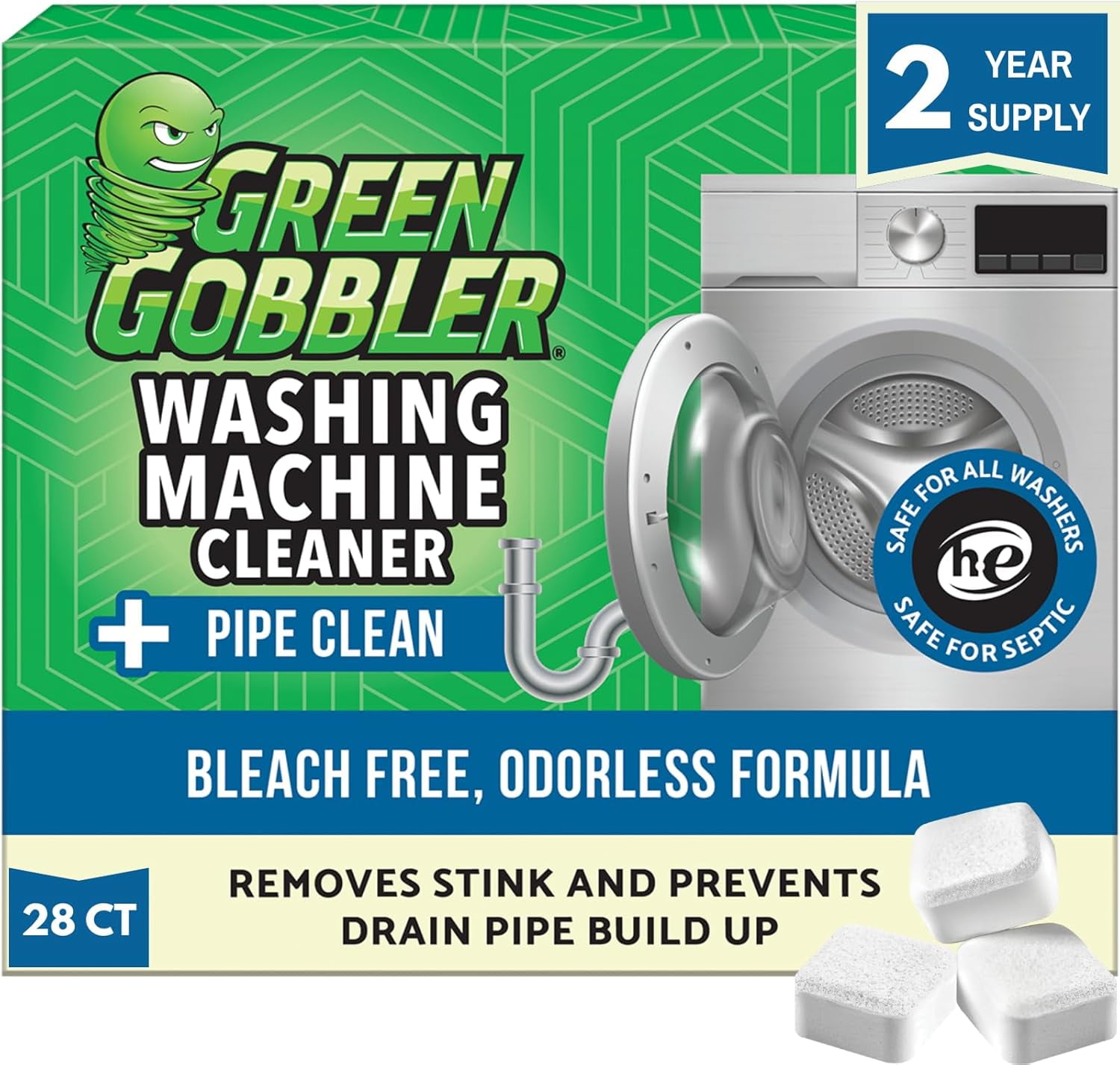 Premium Washing Machine Cleaner & Deodorizer Tablets with Pipe, Drain ...