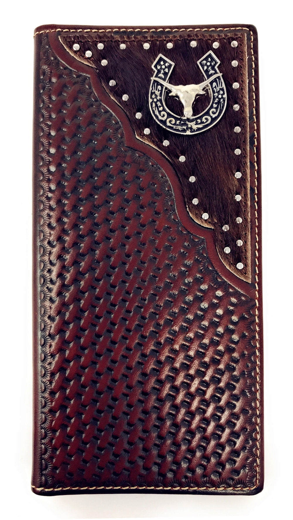 Premium Western Genuine Woven Leather Cow Fur Longhorn Mens Bifold ...