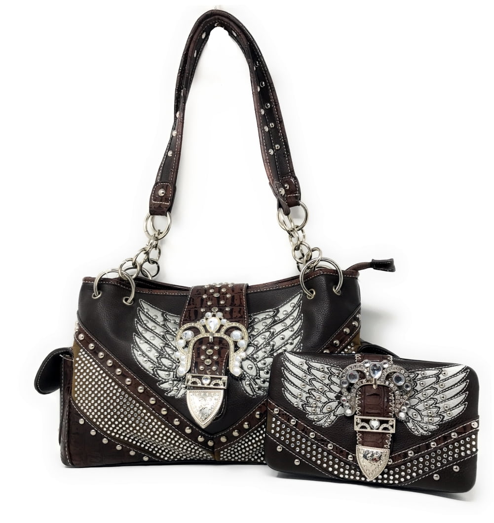 Premium Western Rhinestone Studded Angel Wings Buckle Shoulder Handbag ...