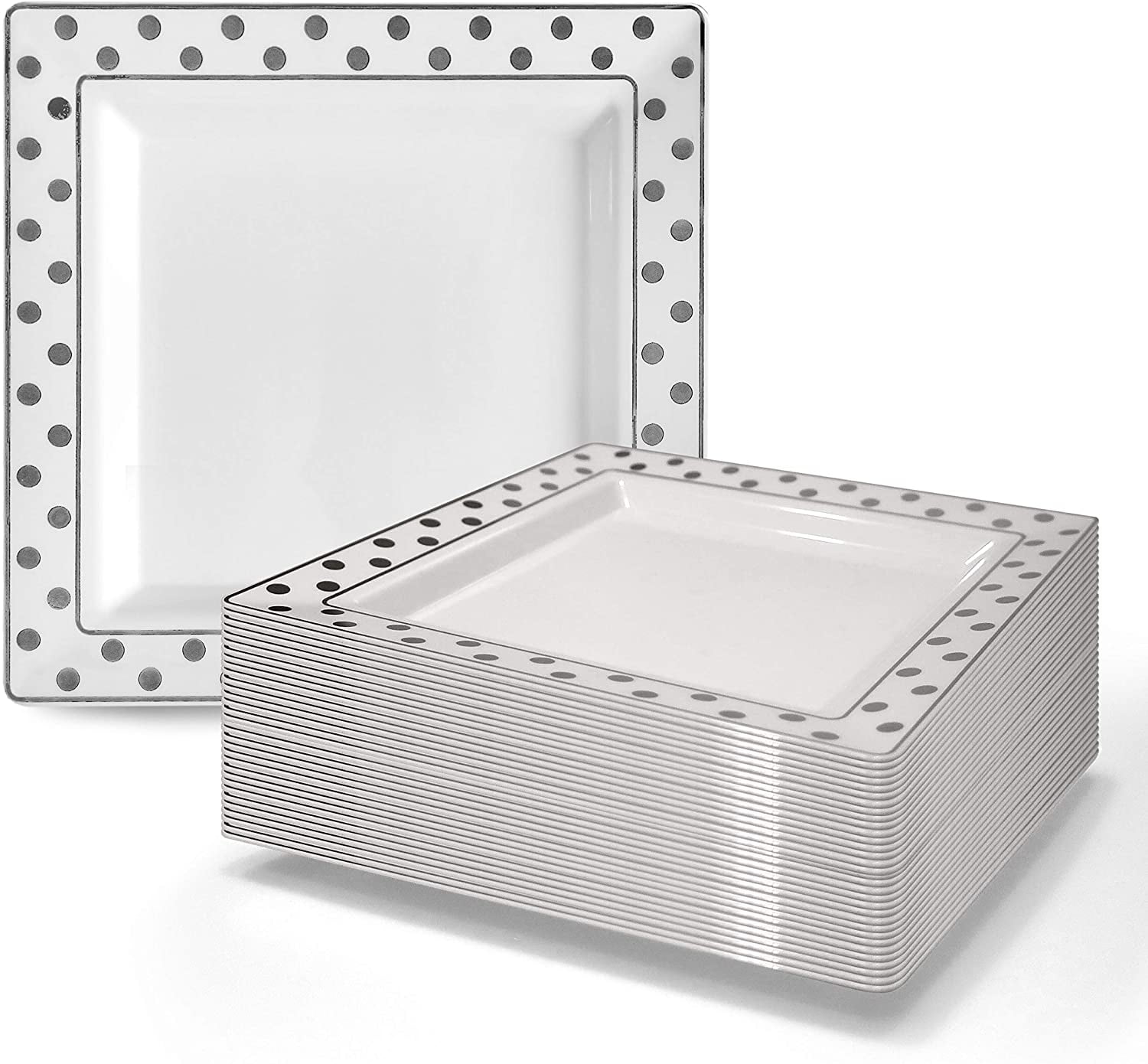 Premium White Square Plates with Silver Polka Dots - 50 Count Elegant ...