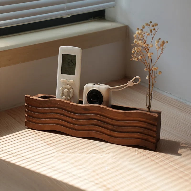 Premium Wooden Desktop Organizer – Remote Control Holder with Floral ...