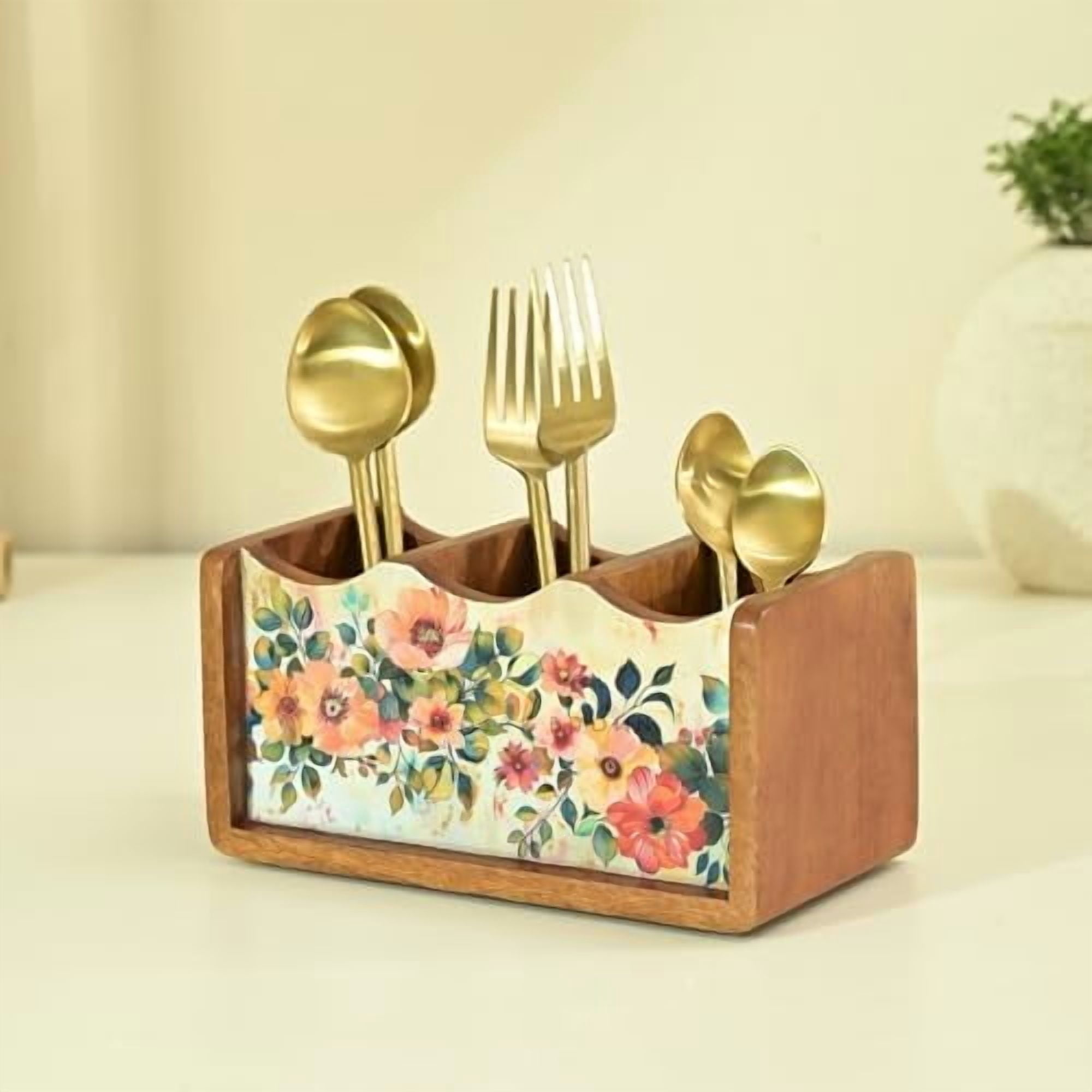 Premium Wooden Pastel Flora Cutlery Holder Spoon stand for kitchen ...