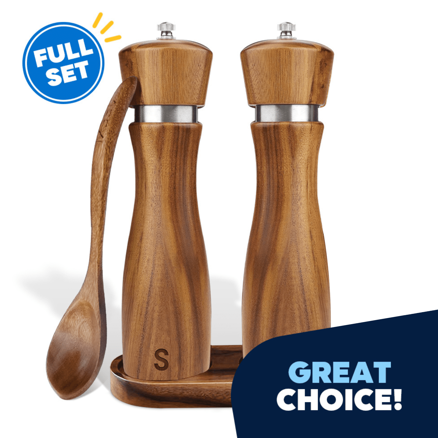 Premium Wooden Salt and Pepper Grinder Set, Adjustable Ceramic ...