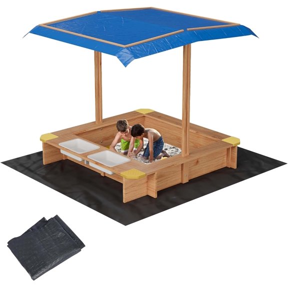 Costway Wooden Sandbox with Canopy Tent Design Fir Wood Frame 2 Bench ...