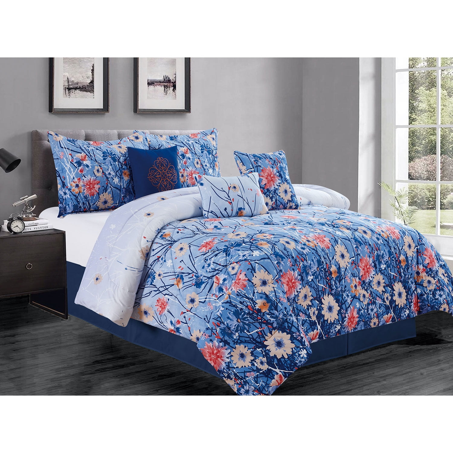 Premius Natalie 7 Piece Oversized Comforter Set, Queen, Blue - Walmart.com