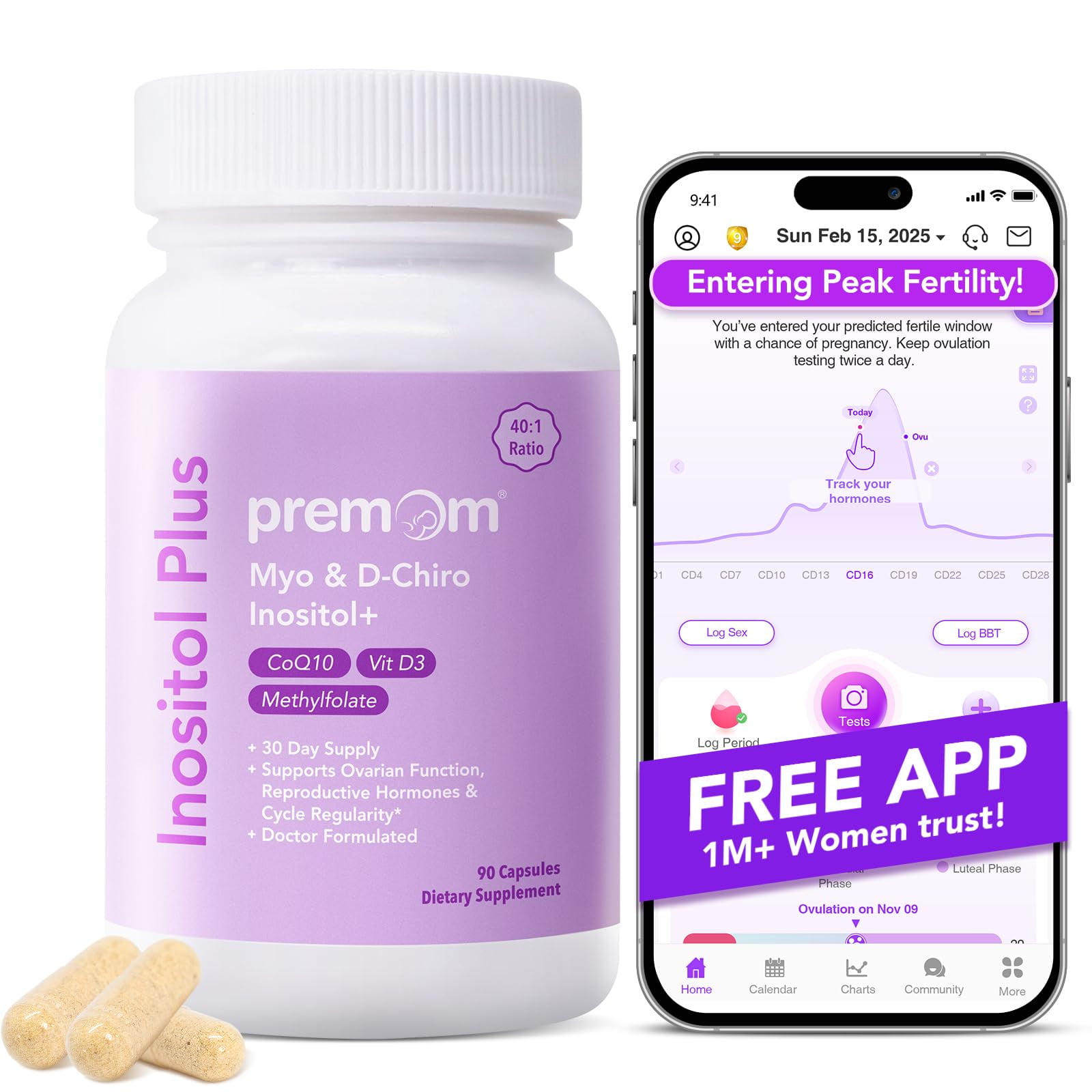 Premom Inositol Plus - 2000mg Myo-Inositol & 50mg D-Chiro Inositol, CoQ10, Folate & Vitamin D3 ...