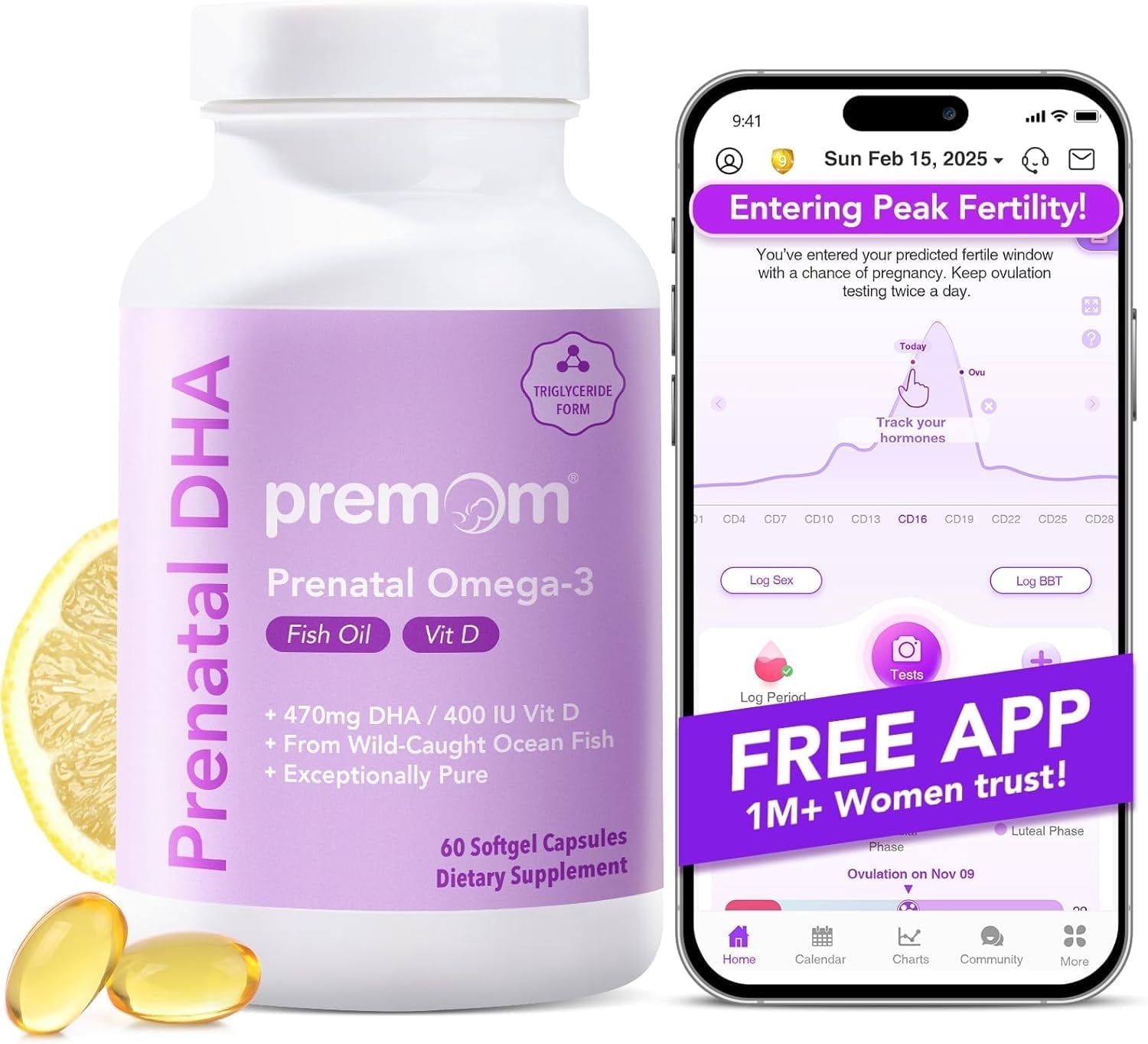 Premom Prenatal DHA Fish Oil Triglyceride Omega 3 Supplement, 60 Count ...