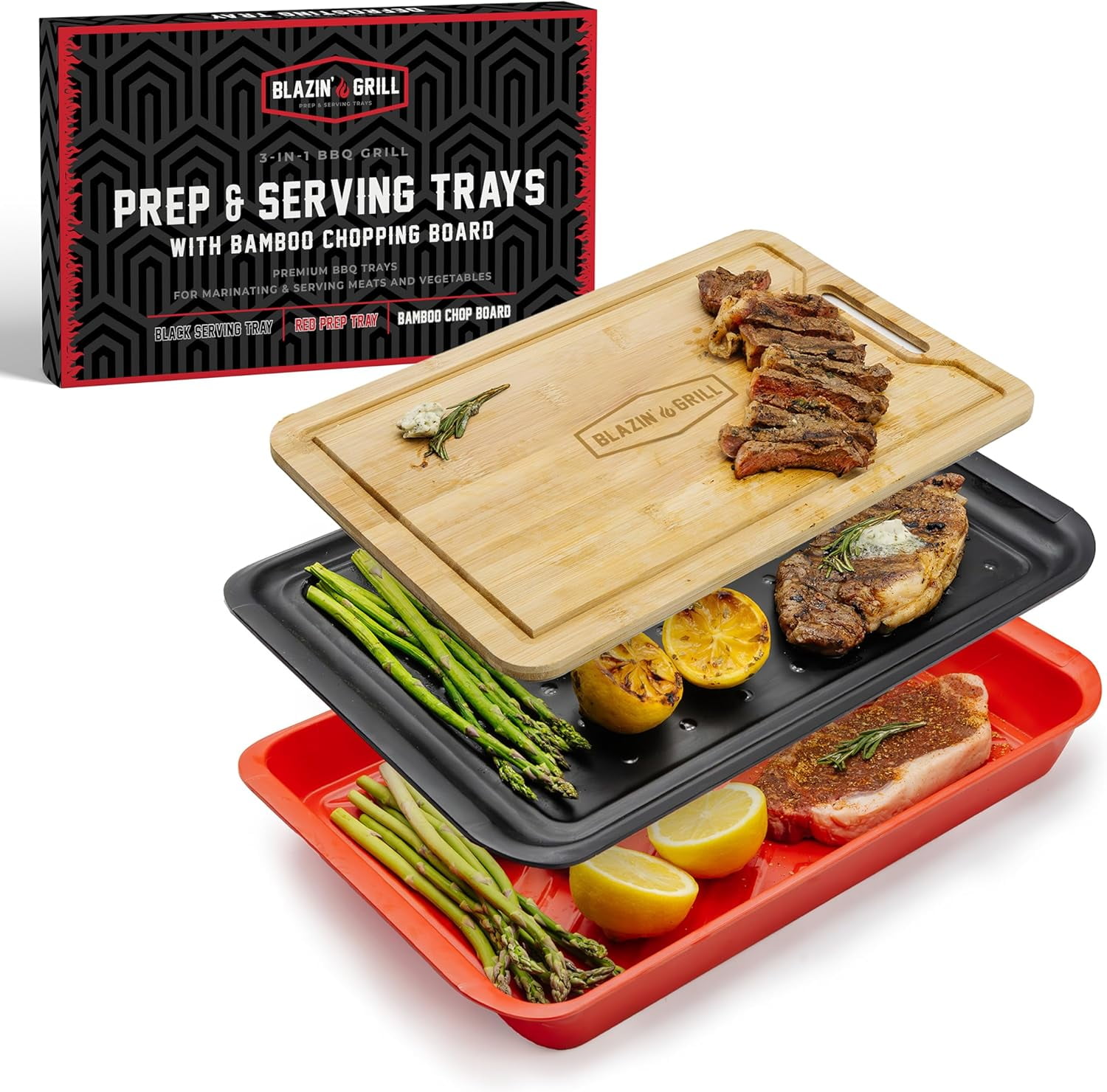 Prep and Serving Trays | Set of 3 Stackable, Melamine Trays with Bamboo ...