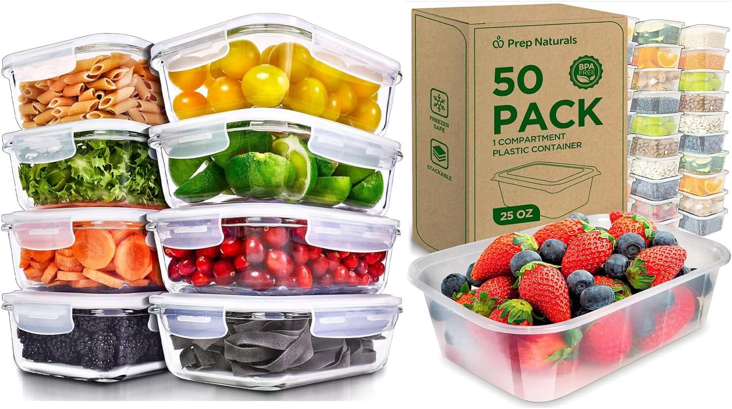 PrepNaturals 8 Pack Glass Container (36oz) + 50 Pack Plastic Container ...