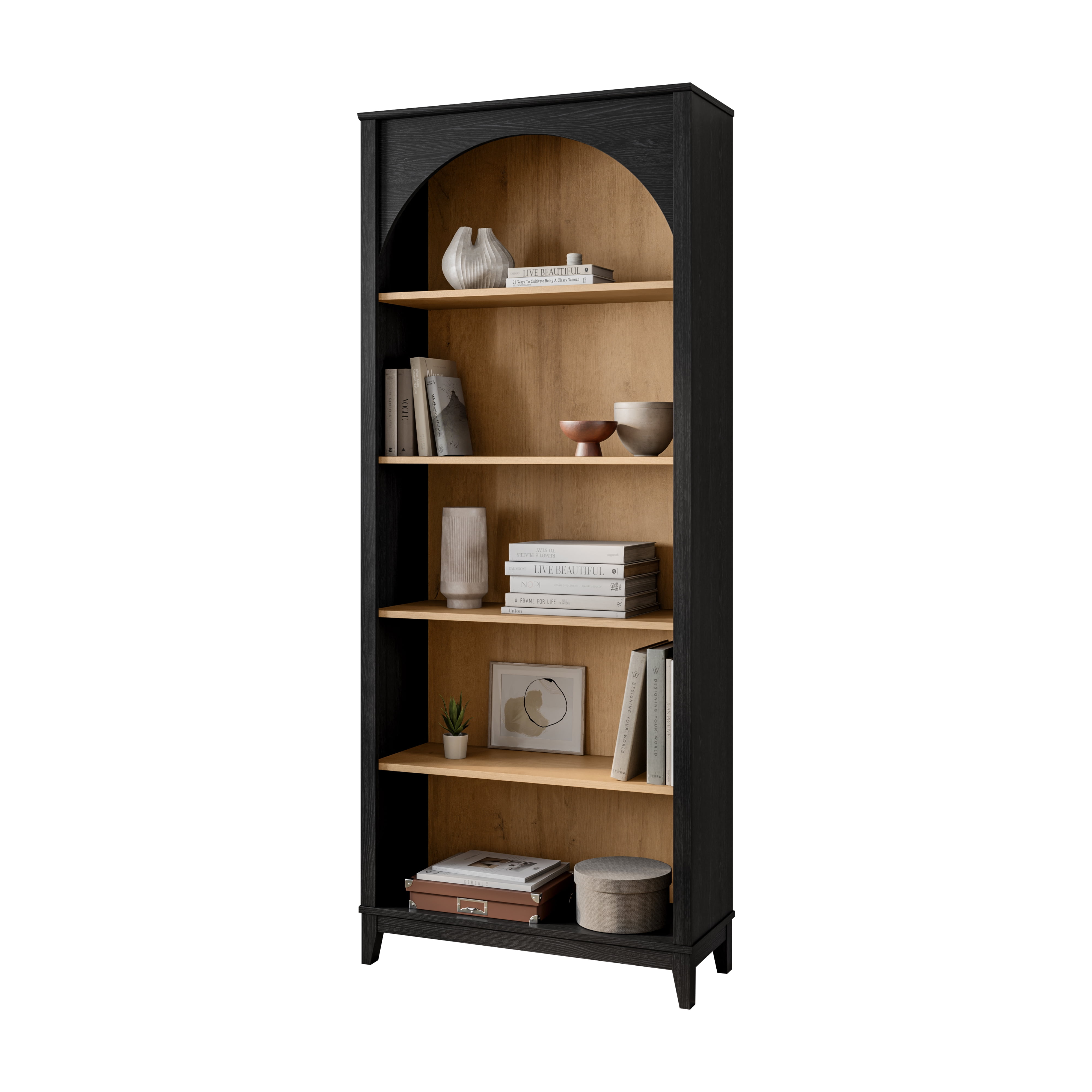 Prepac Ark 78" Tall 5-Tier Arched Bookcase, Black Oak with Oak Finish ...