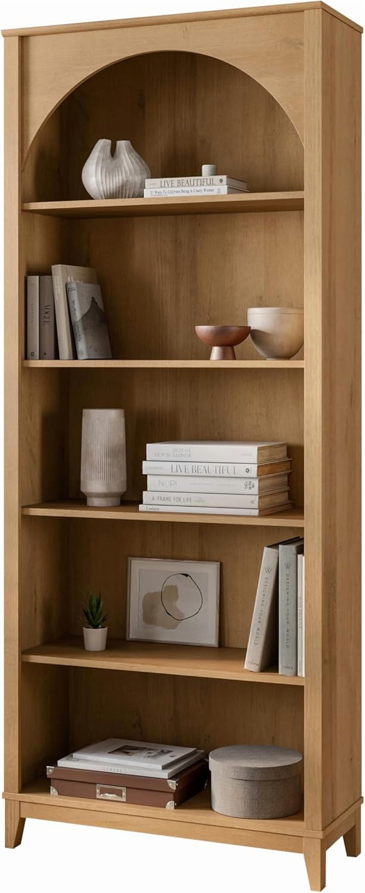 Prepac Ark 78" Tall 5-Tier Arched Bookcase in Natural Oak, Modern ...