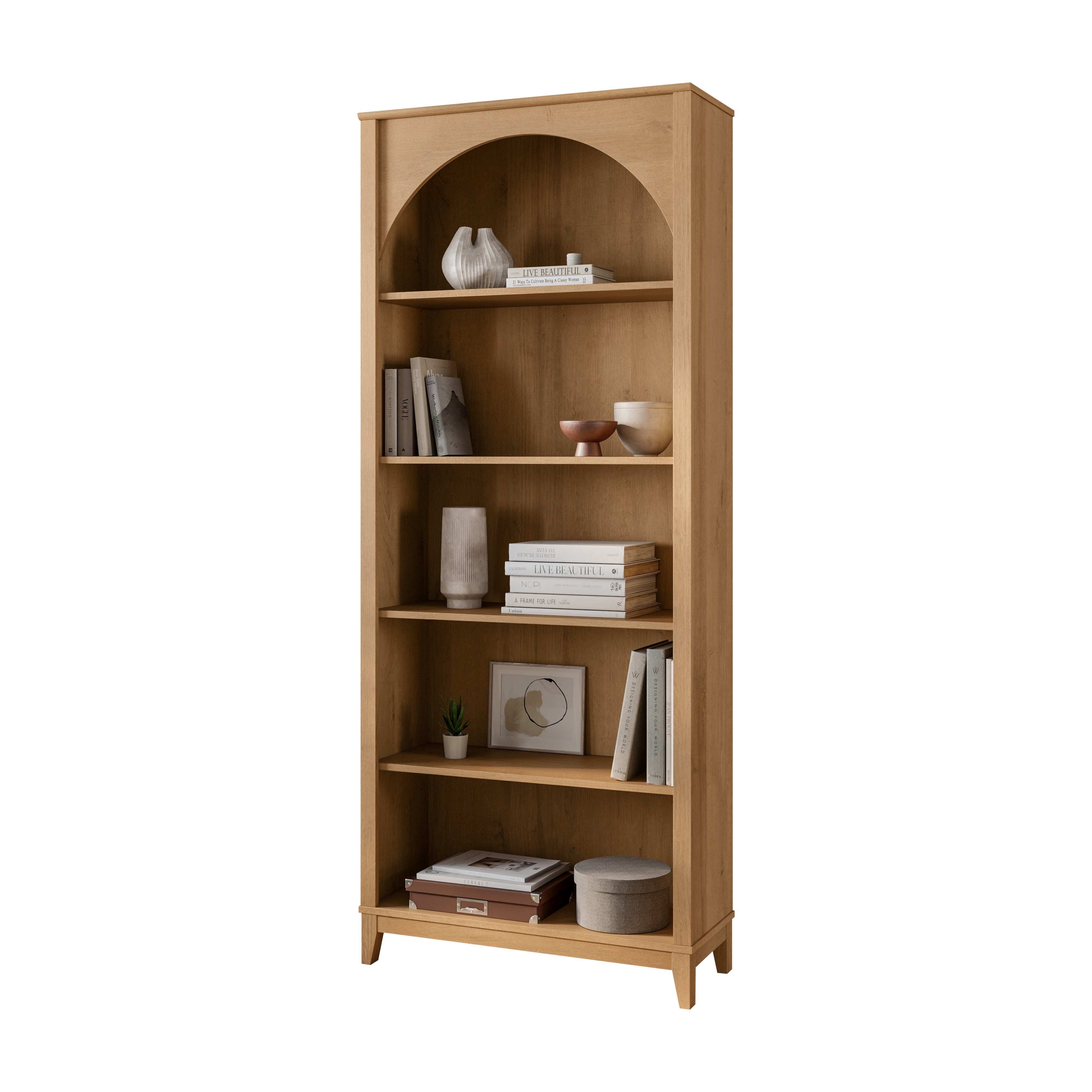 Prepac Ark 78" Tall 5-Tier Arched Bookcase in Natural Oak, Modern ...