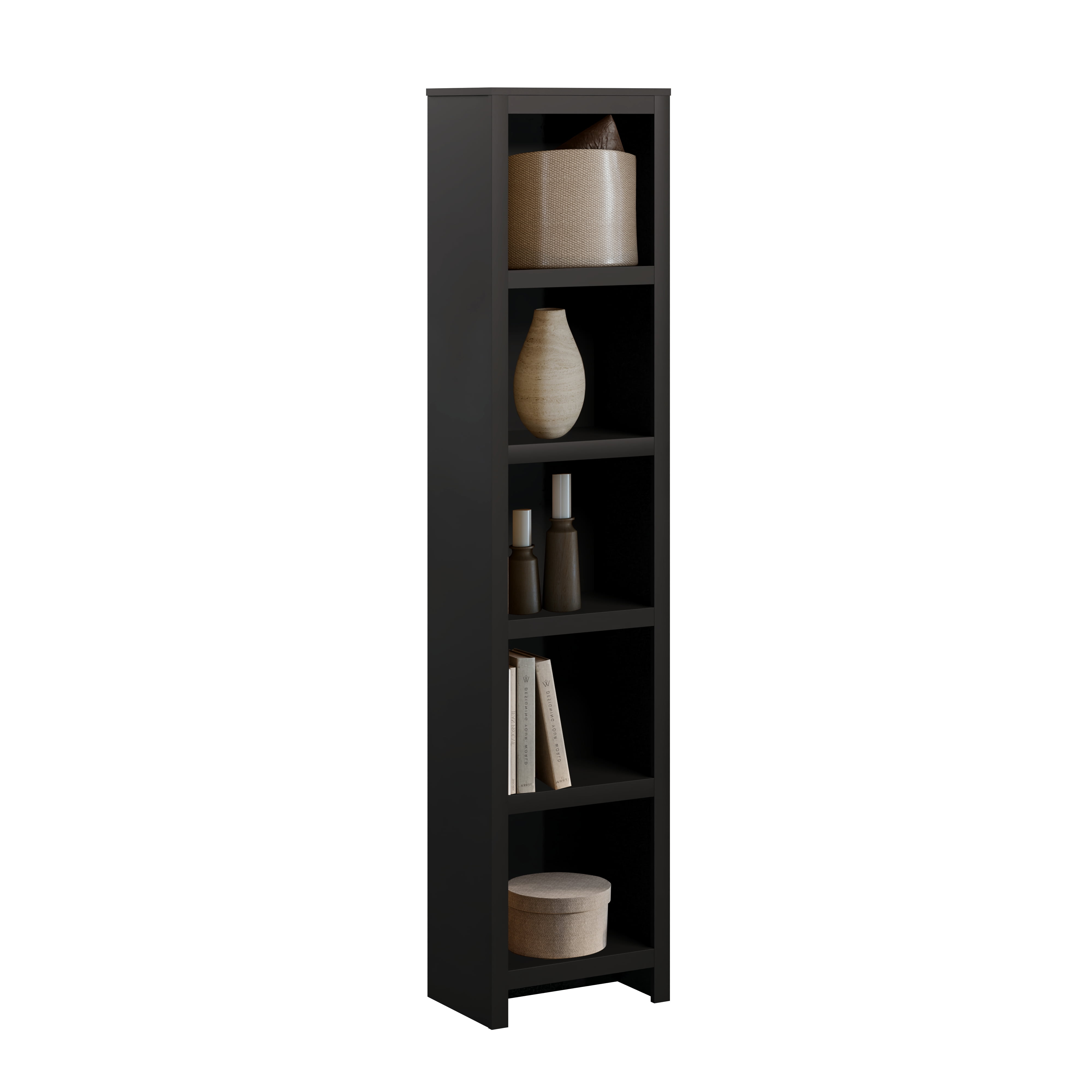 Prepac Moda 80" Tall 5-Tier Narrow Bookcase in Black, Modern Storage ...