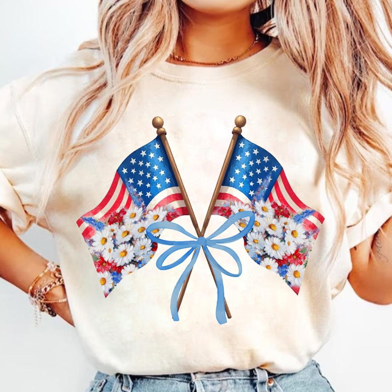 Preppy American Flag Boho Floral Bow T-Shirt, 4th of July Shirt ...