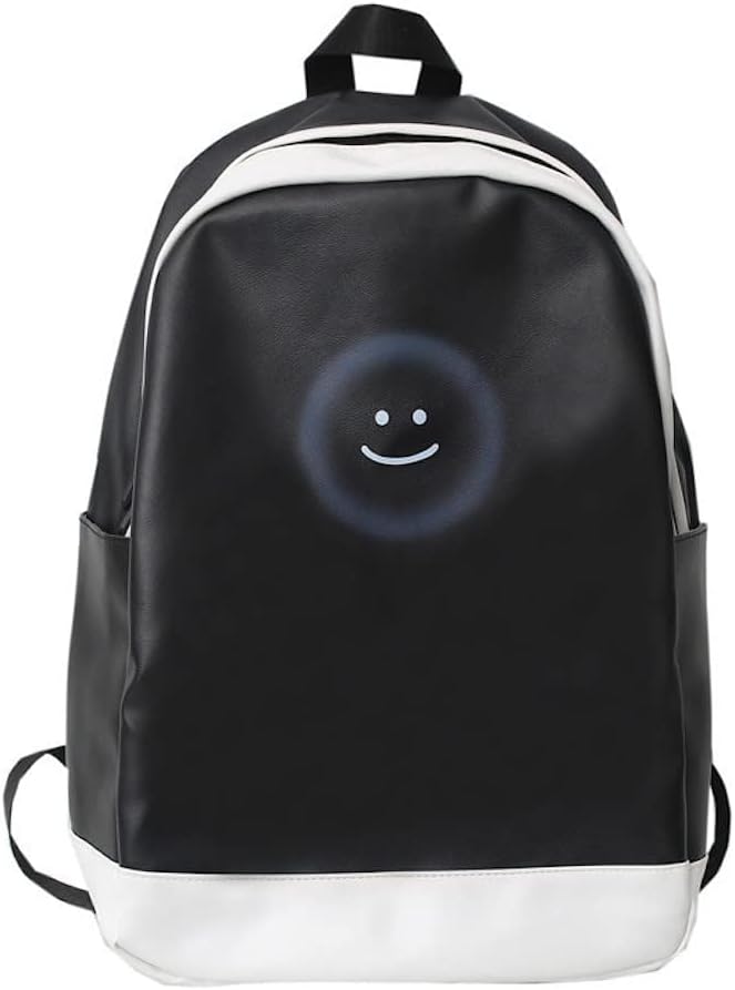 Preppy Backpack Smiley Face Soft PU Glossy Backpack Black and White ...