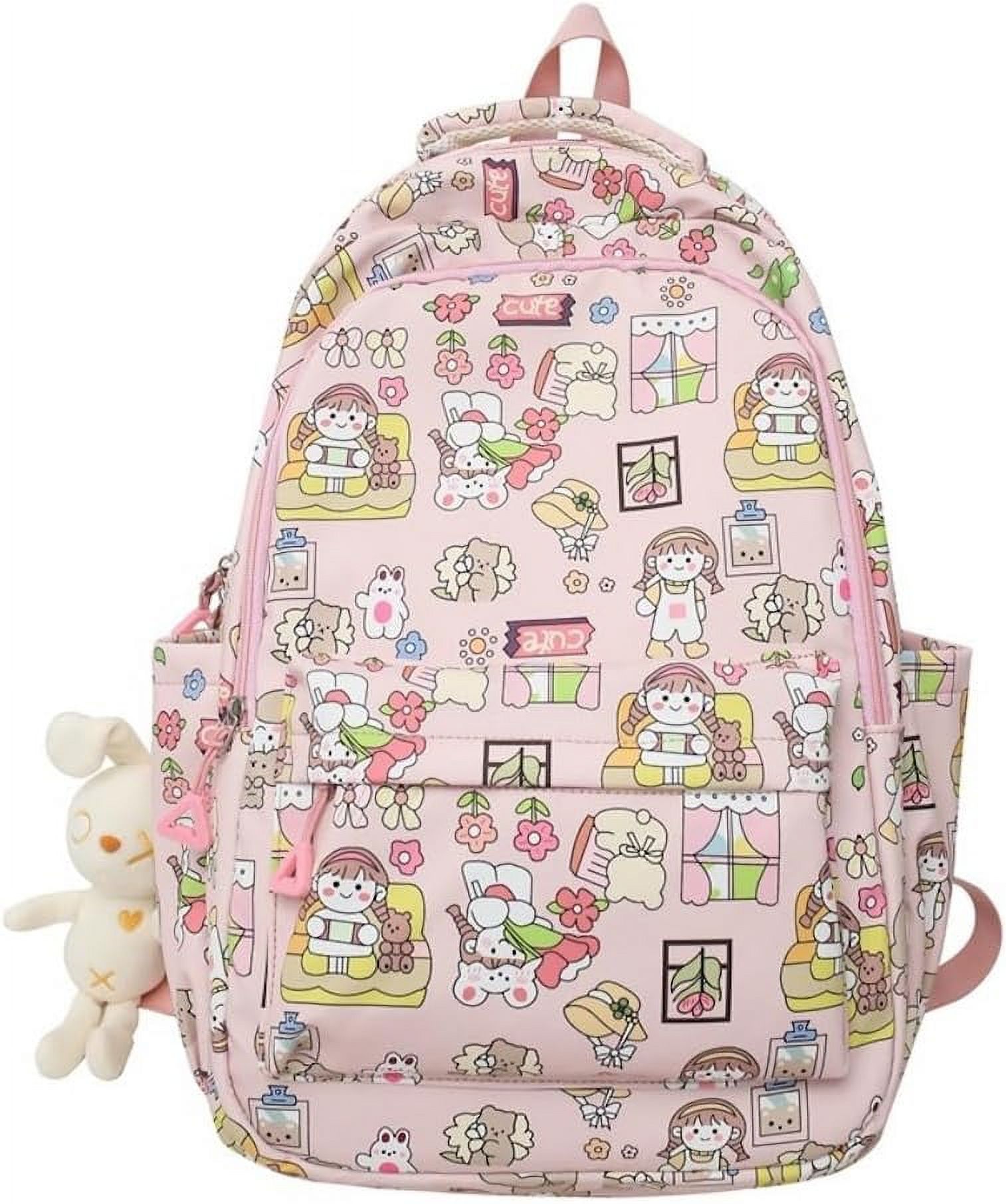Preppy Backpack with Plushies Colorful Life Cartoon Printed Backpack ...