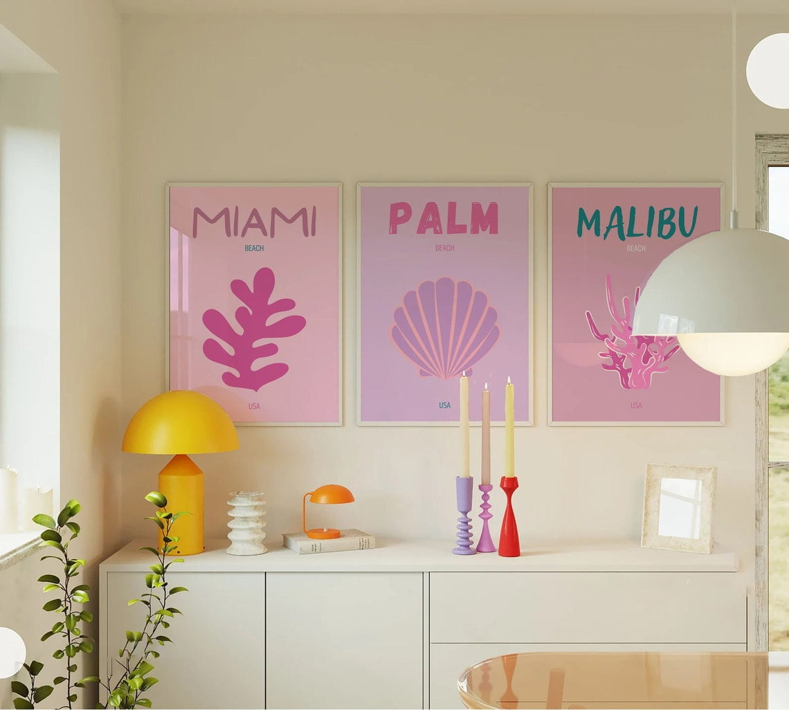 Preppy Beach Posters Pink Girly Wall Art Beachy Room Decor Travel ...