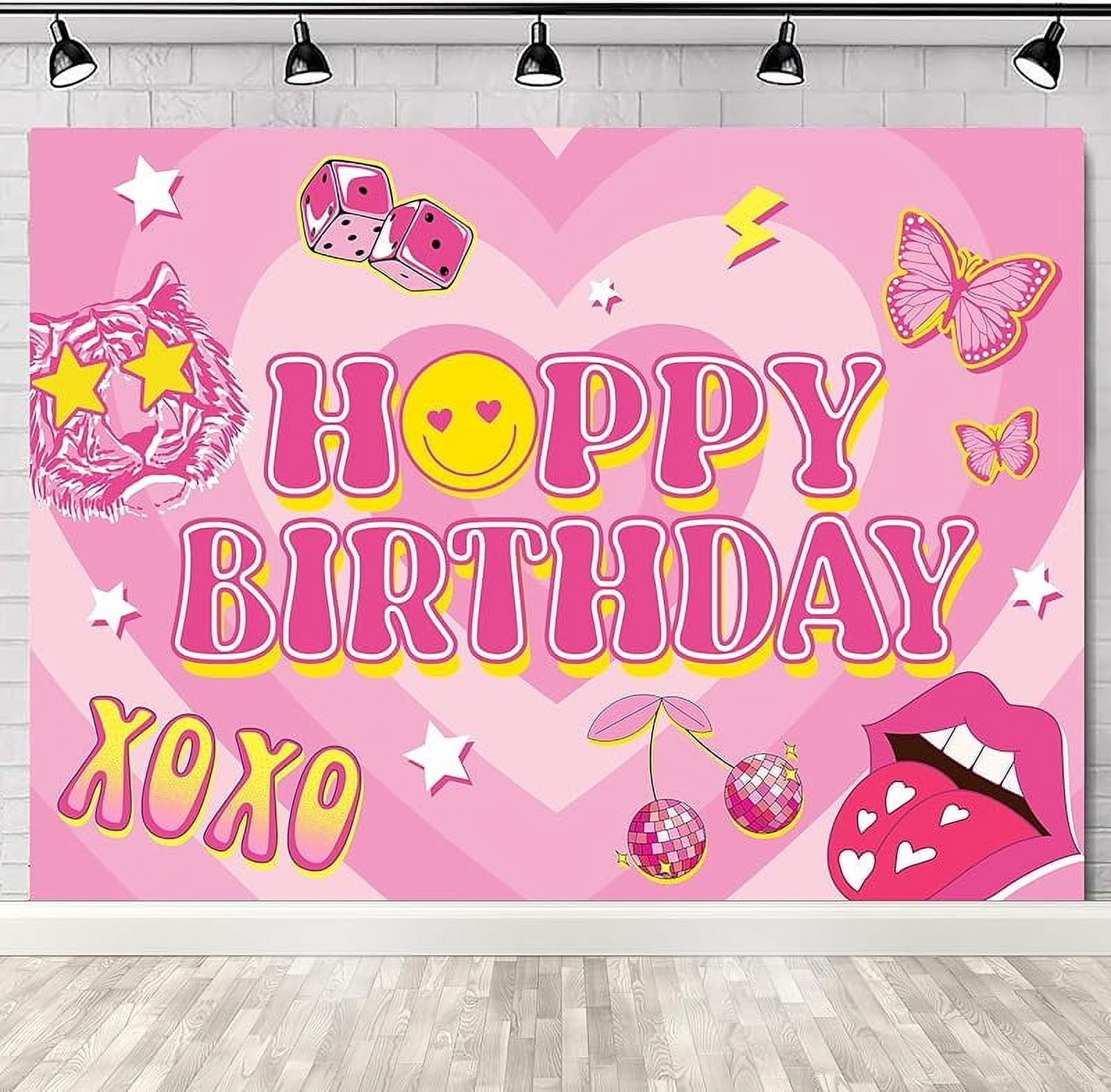 Preppy Birthday Party Backdrop Hot Pink Smiling Face Lip Butterfly ...