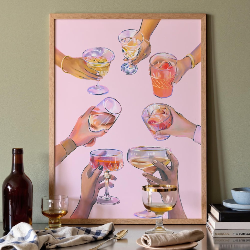 Preppy Cocktail Print Bar Cart Art Pink Dopamine Decor Cheers Wall ...