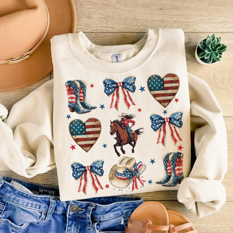 Preppy Coquette Bow Sweatshirt, Patriotic 4th of July American Flag ...