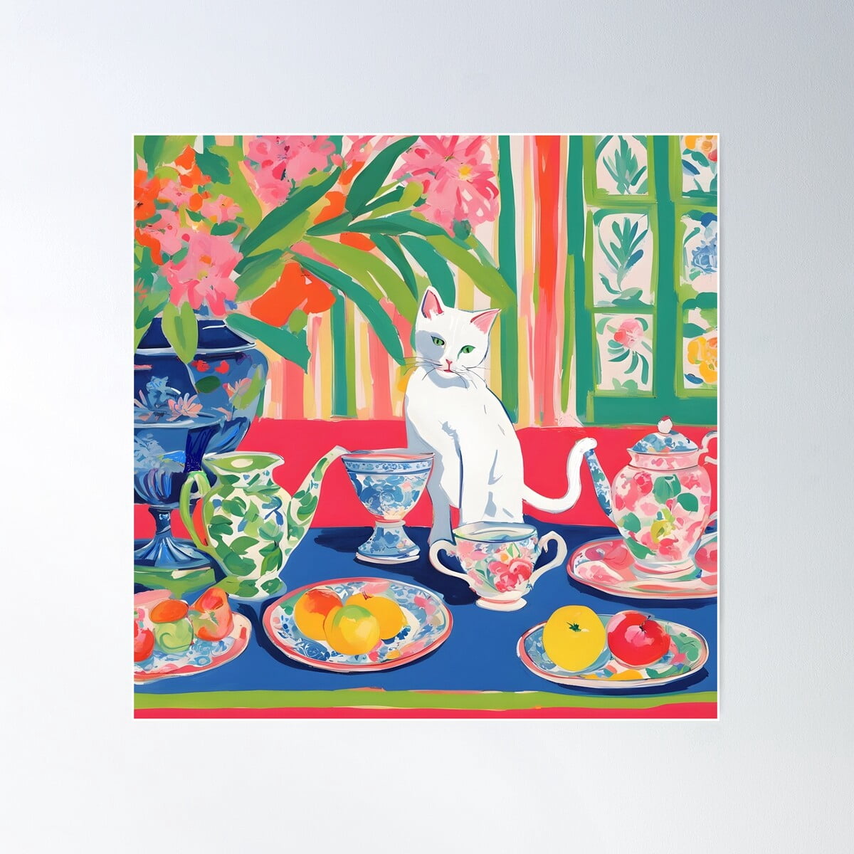 Preppy English Tea With White Cat Poster Wall Art, Modern Wall Decor ...