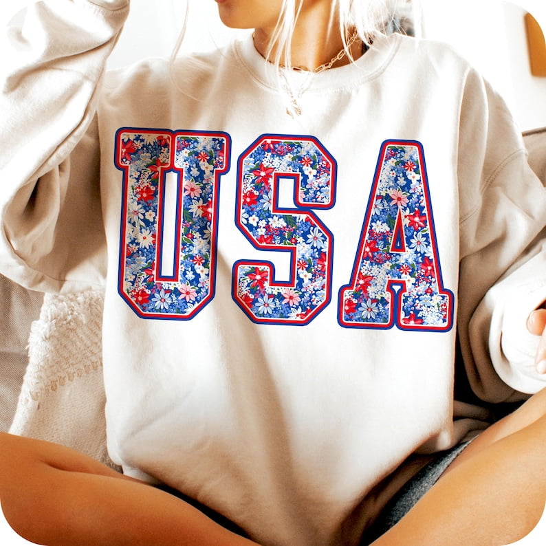 Preppy Floral USA Sweatshirt, Retro 1776 American Flag Pullover for 4th ...